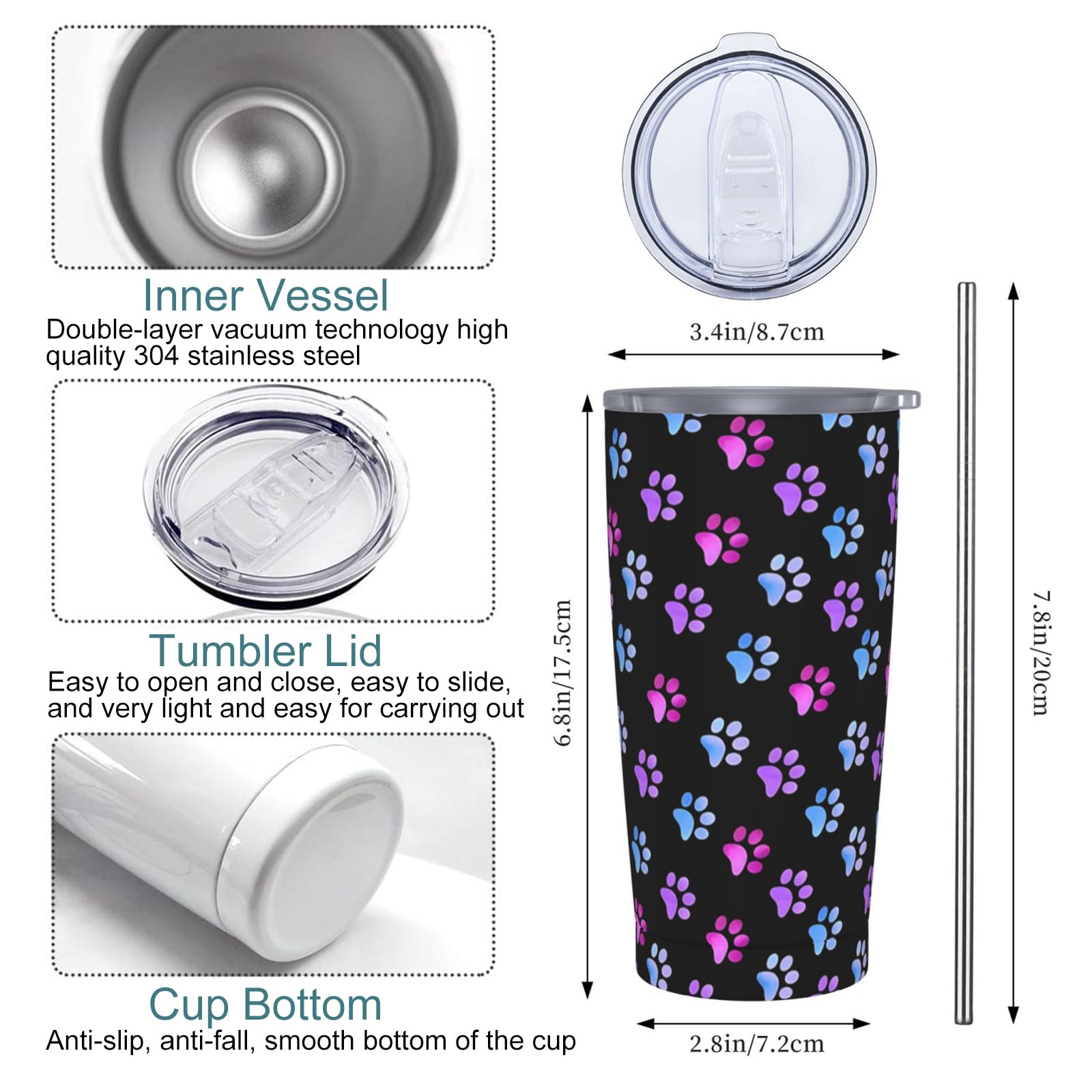 Paw Print Tumbler with Lid and Straw, Dog 20 Oz Stainless Steel Insulated Water Bottle Cup Coffee Mug