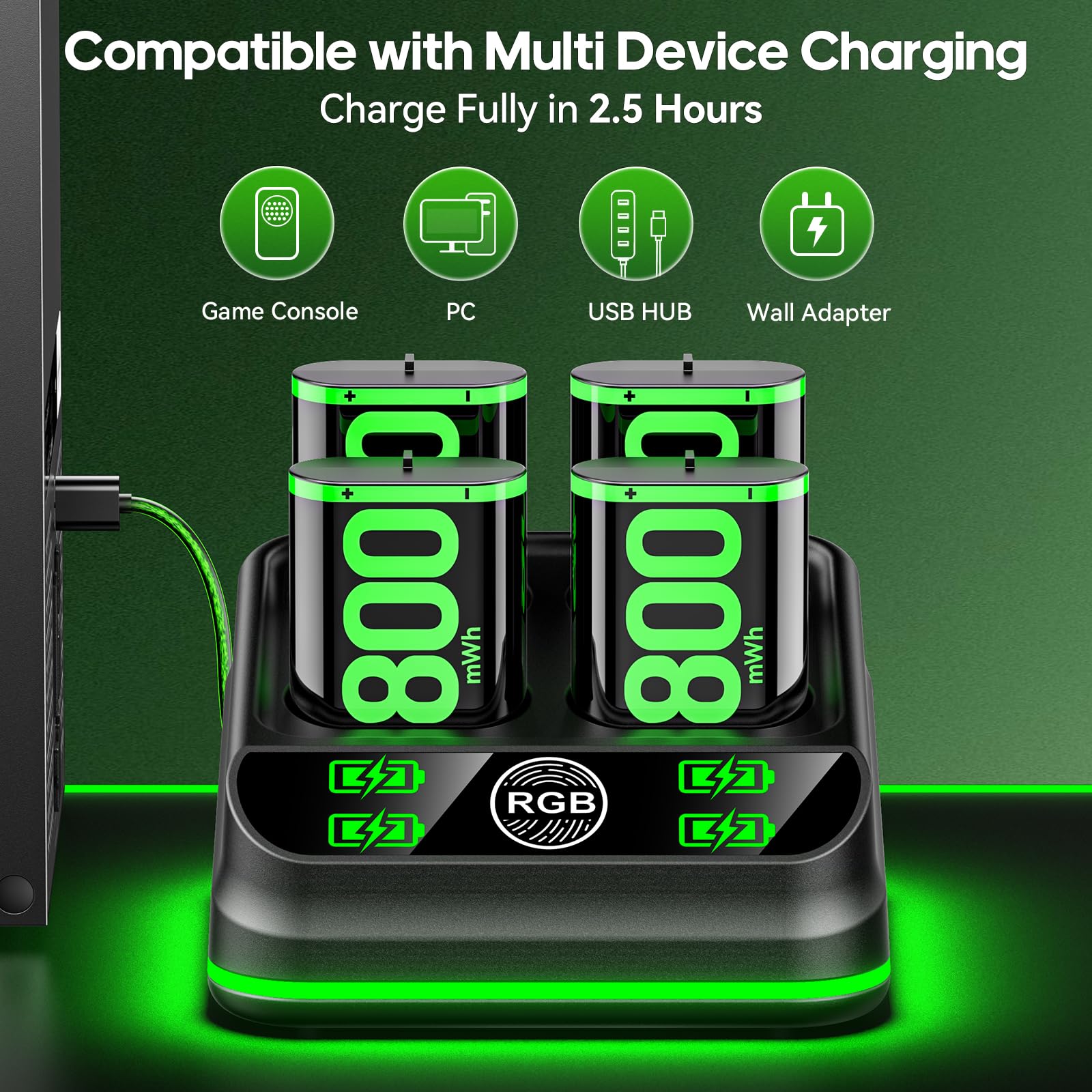 Rysker Charger with 4x4800mWh Rechargeable Battery Pack for Xbox One/Series X|S, Xbox One Series Controller Batteries Pack with Charging Station for XboxOne/S/X/Elite Controllers