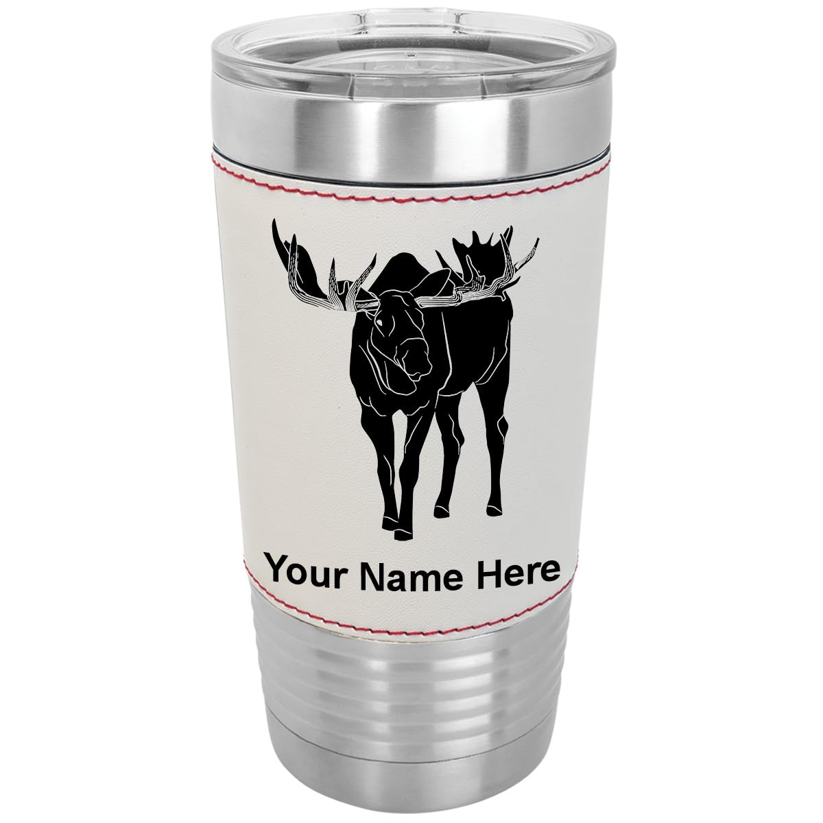 LaserGram 20oz Vacuum Insulated Tumbler Mug, Moose, Personalized Engraving Included (Faux Leather, Baseball Style)