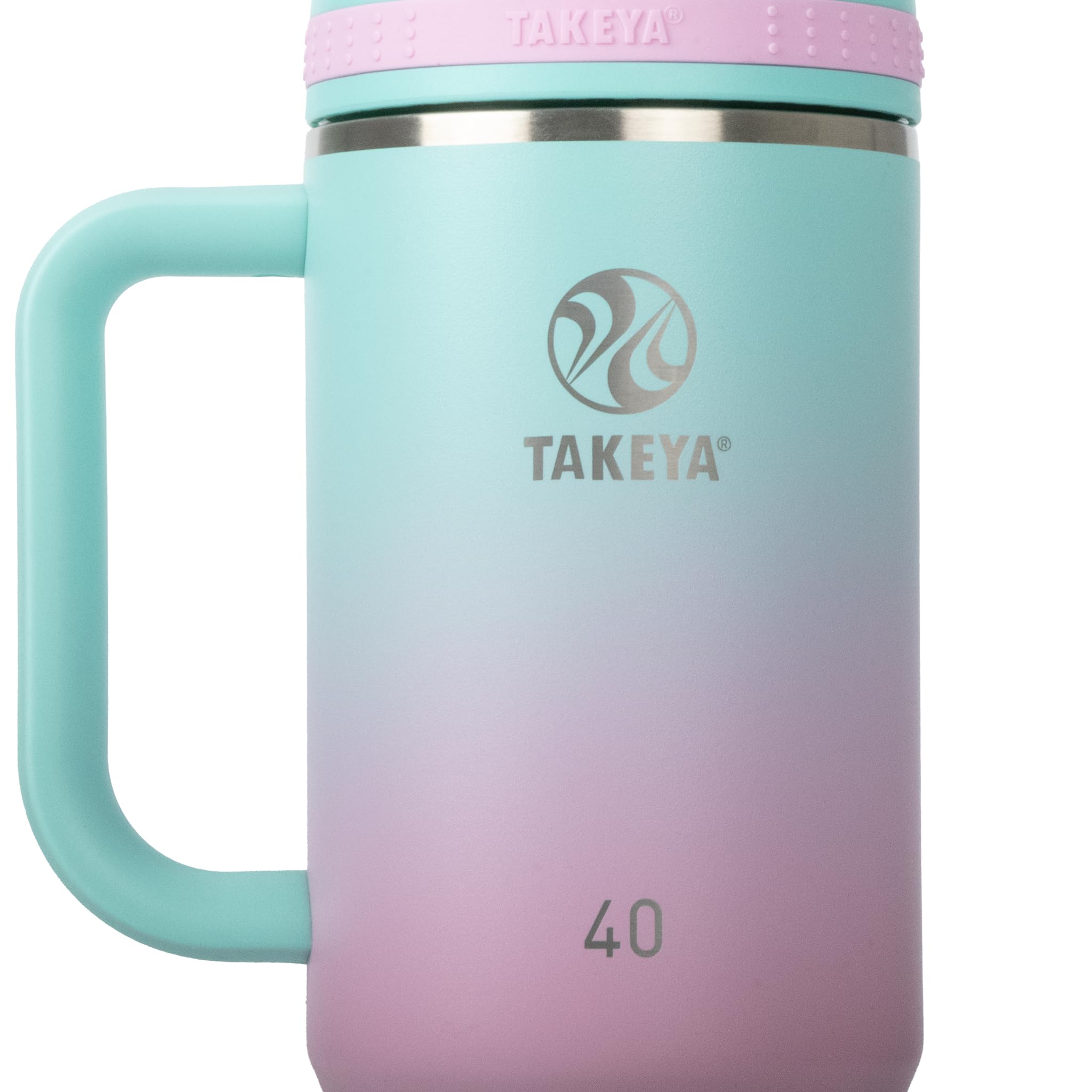 Takeya Straw Tumbler with Handle - Beverage Tumbler for Coffee, Water & More - Durable Tumbler with Built-In Silicone Coaster & 2 Straws - Double Stainless Steel Insulation - 40 oz, Ombre Dream