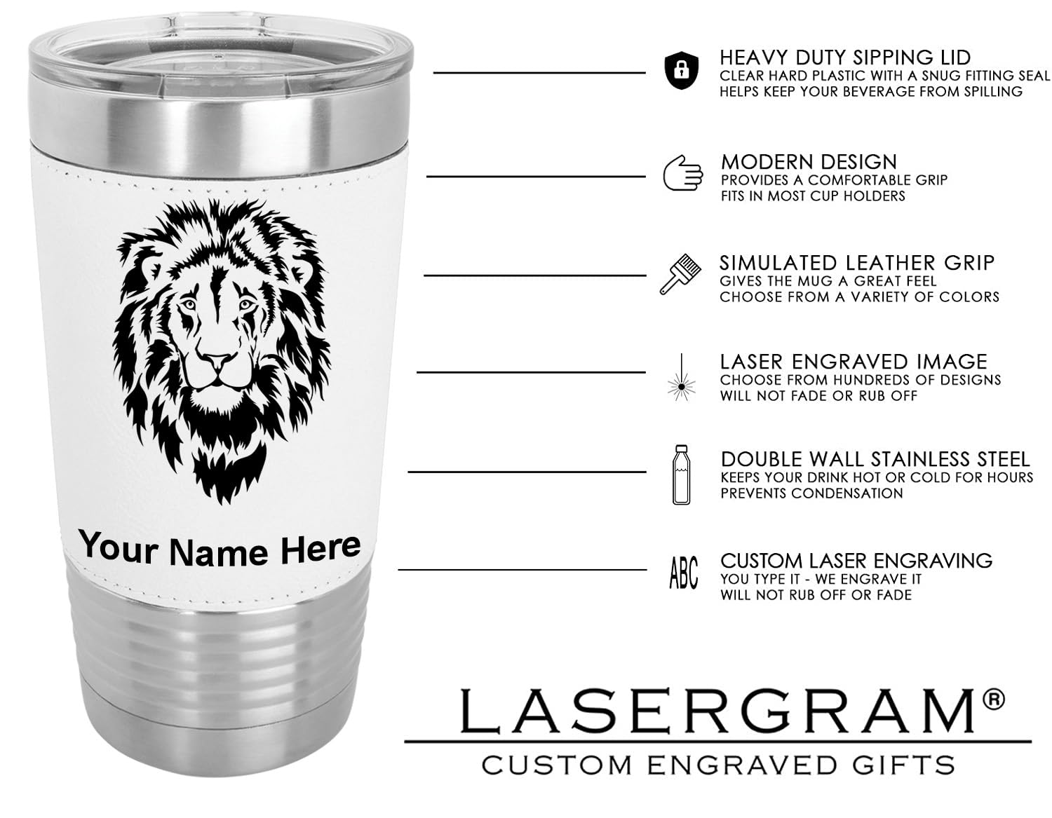 LaserGram 20oz Vacuum Insulated Tumbler Mug, Lady Justice, Personalized Engraving Included (Faux Leather, White)