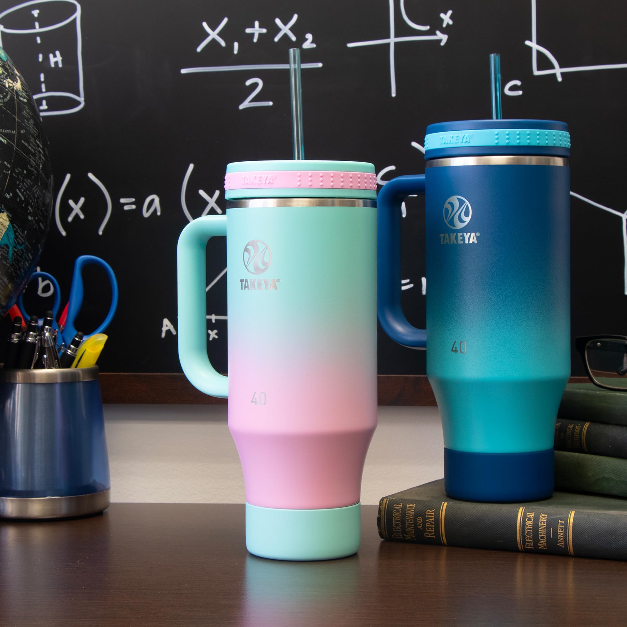 Takeya Straw Tumbler with Handle - Beverage Tumbler for Coffee, Water & More - Durable Tumbler with Built-In Silicone Coaster & 2 Straws - Double Stainless Steel Insulation - 40 oz, Ombre Dream