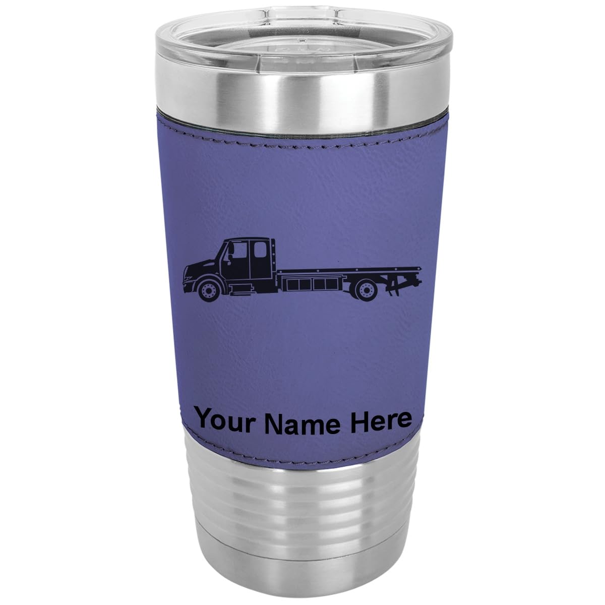 LaserGram 20oz Vacuum Insulated Tumbler Mug, Flat Bed Tow Truck, Personalized Engraving Included (Faux Leather, Dark Purple)