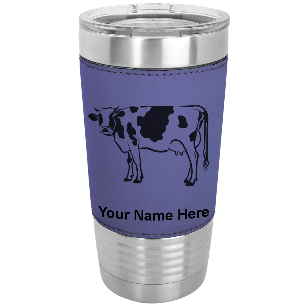 LaserGram 20oz Vacuum Insulated Tumbler Mug, Cow, Personalized Engraving Included (Faux Leather, Dark Purple)