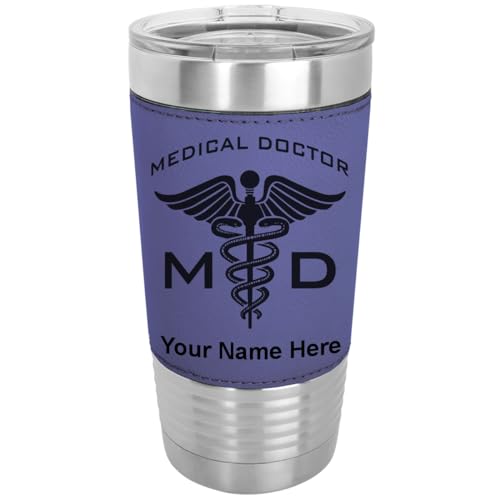 LaserGram 20oz Vacuum Insulated Tumbler Mug, MD Medical Doctor, Personalized Engraving Included (Faux Leather, Dark Purple)