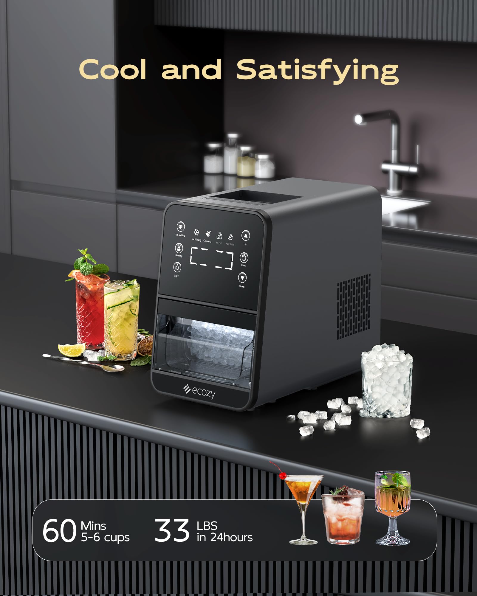 ecozy Nugget Ice Maker Countertop, Intuitive Ergonomic EcoScreen with One-Touch Timer, 33Lbs/24H Pebble Ice Maker Machine, Pull-Out Ice Basket with 3Lbs Storage, Self-Cleaning for Drinks & Cocktails