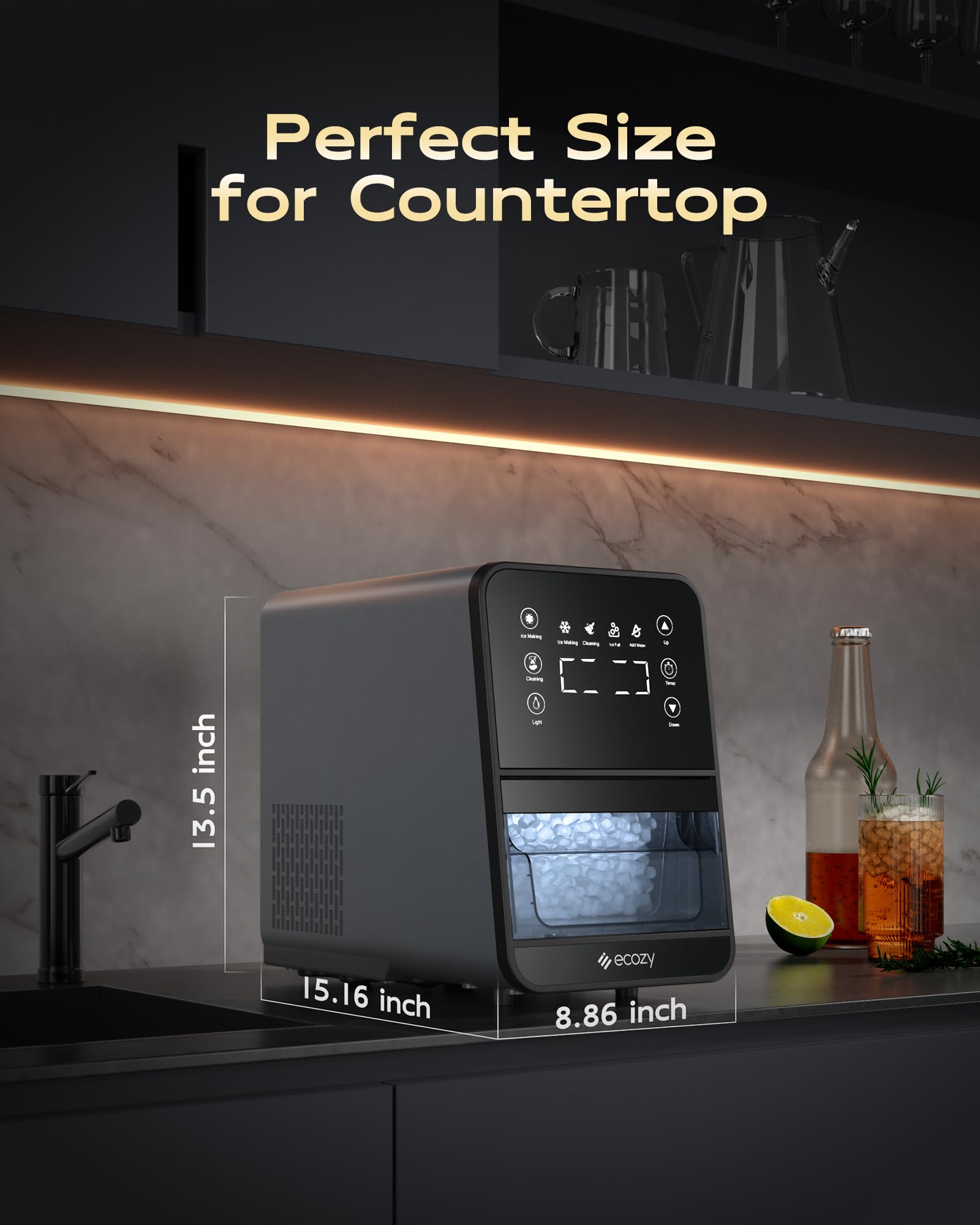 ecozy Nugget Ice Maker Countertop, Intuitive Ergonomic EcoScreen with One-Touch Timer, 33Lbs/24H Pebble Ice Maker Machine, Pull-Out Ice Basket with 3Lbs Storage, Self-Cleaning for Drinks & Cocktails