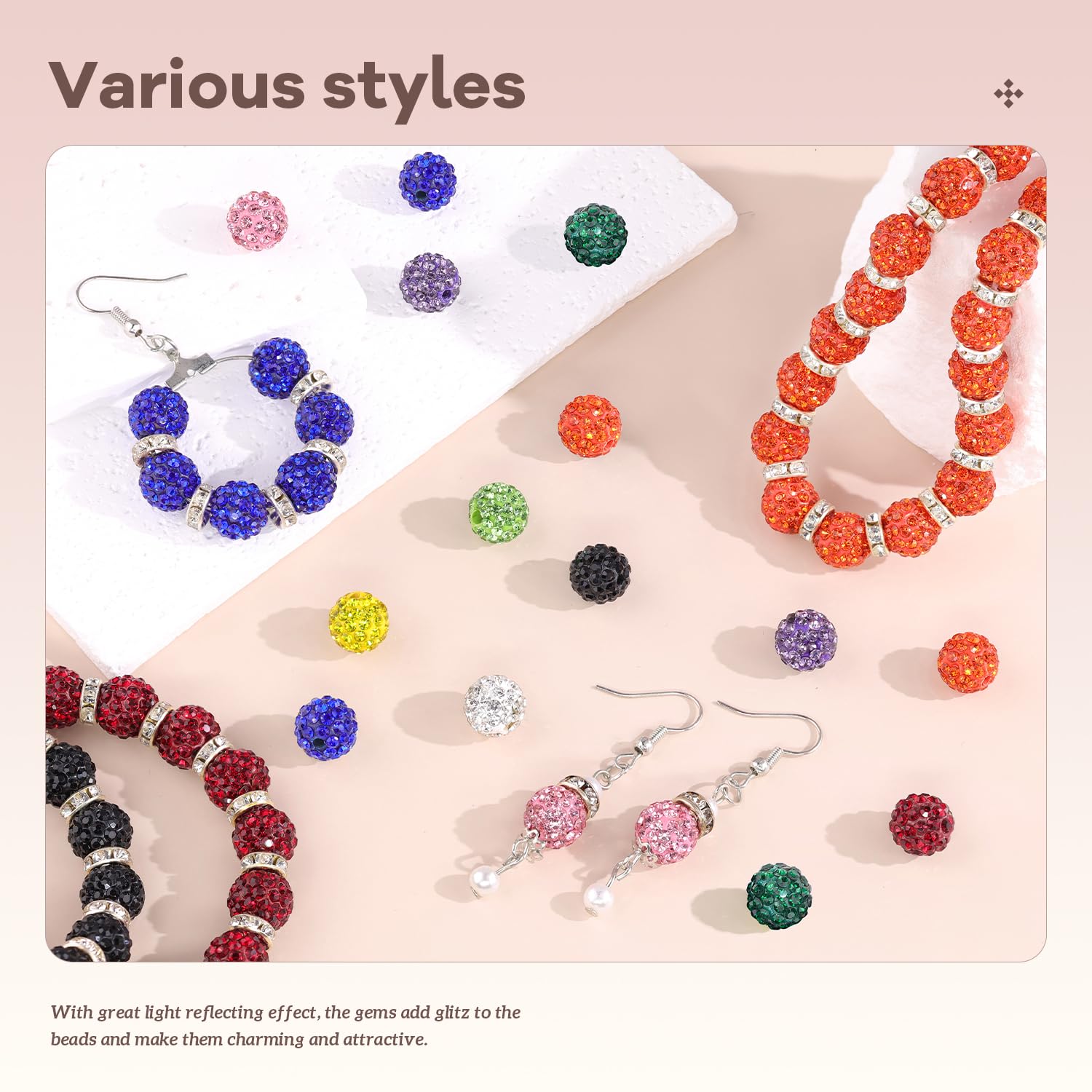 100 pcs 10mm Rhinestone Beads for Jewelry Making, 10 Mixed Colors Shiny Round Disco Ball Beads Bulk, Sparkle Crystal Clay Christmas for Bracelet Baseball Necklace Earring Crafting and DIY
