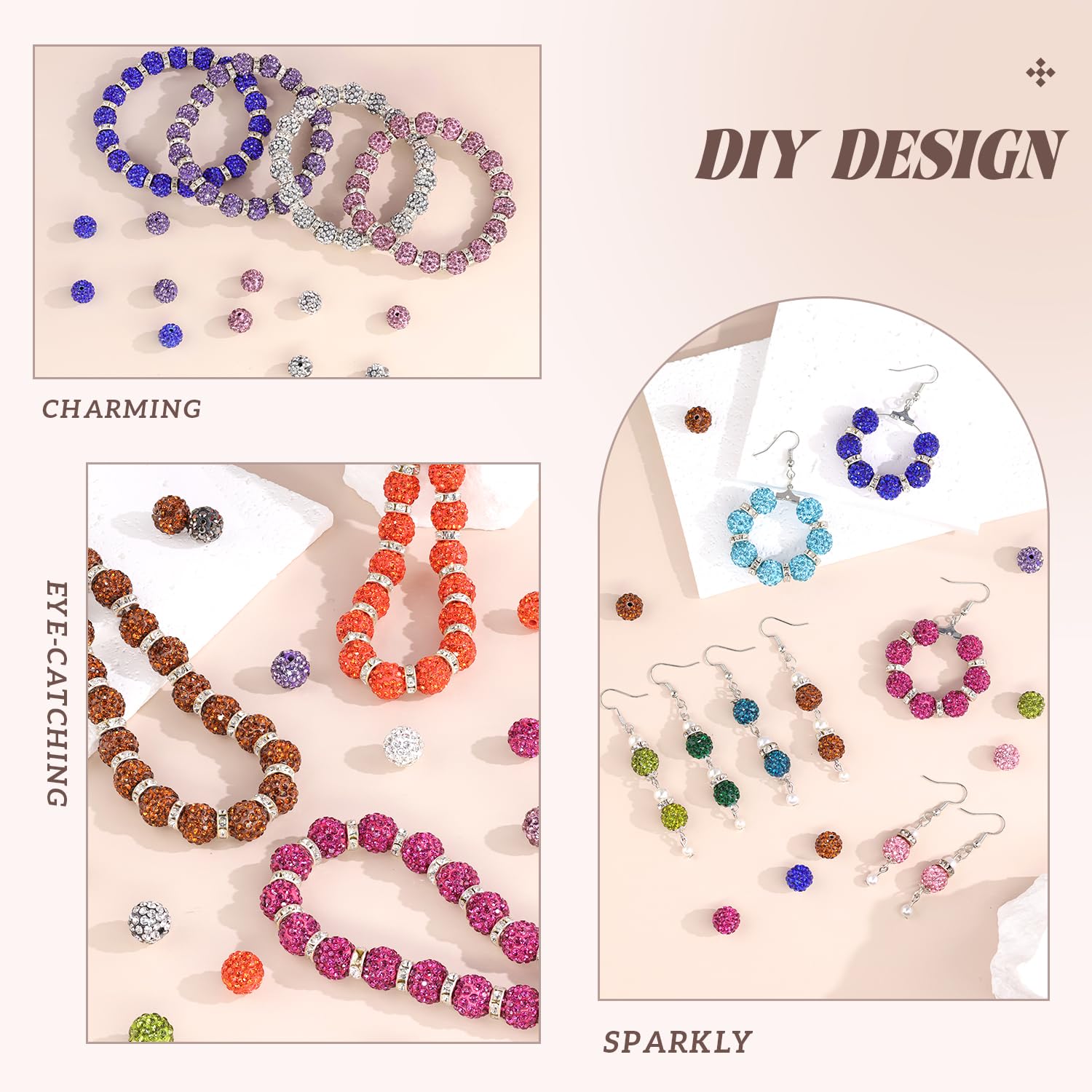 100 pcs 10mm Rhinestone Beads for Jewelry Making, 10 Mixed Colors Shiny Round Disco Ball Beads Bulk, Sparkle Crystal Clay Christmas for Bracelet Baseball Necklace Earring Crafting and DIY