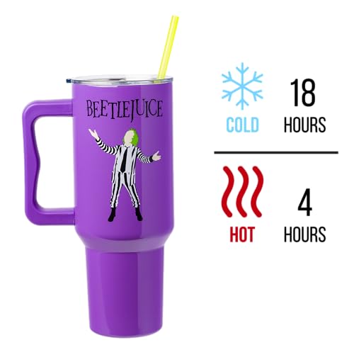 Silver Buffalo Tim Burton Beetlejuice Stainless Steel Tumbler with Handle and Straw, Fits in Standard Cup Holder, 40 Ounces