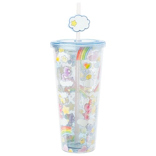 Silver Buffalo Care Bears Rainbow Hearts Stars Featuring Cheer Bear, Bedtime Bear, Funshine Bear, and Share Bear Watercolor Plastic Cold Cup with Lid and Straw Topper, 24 Ounces