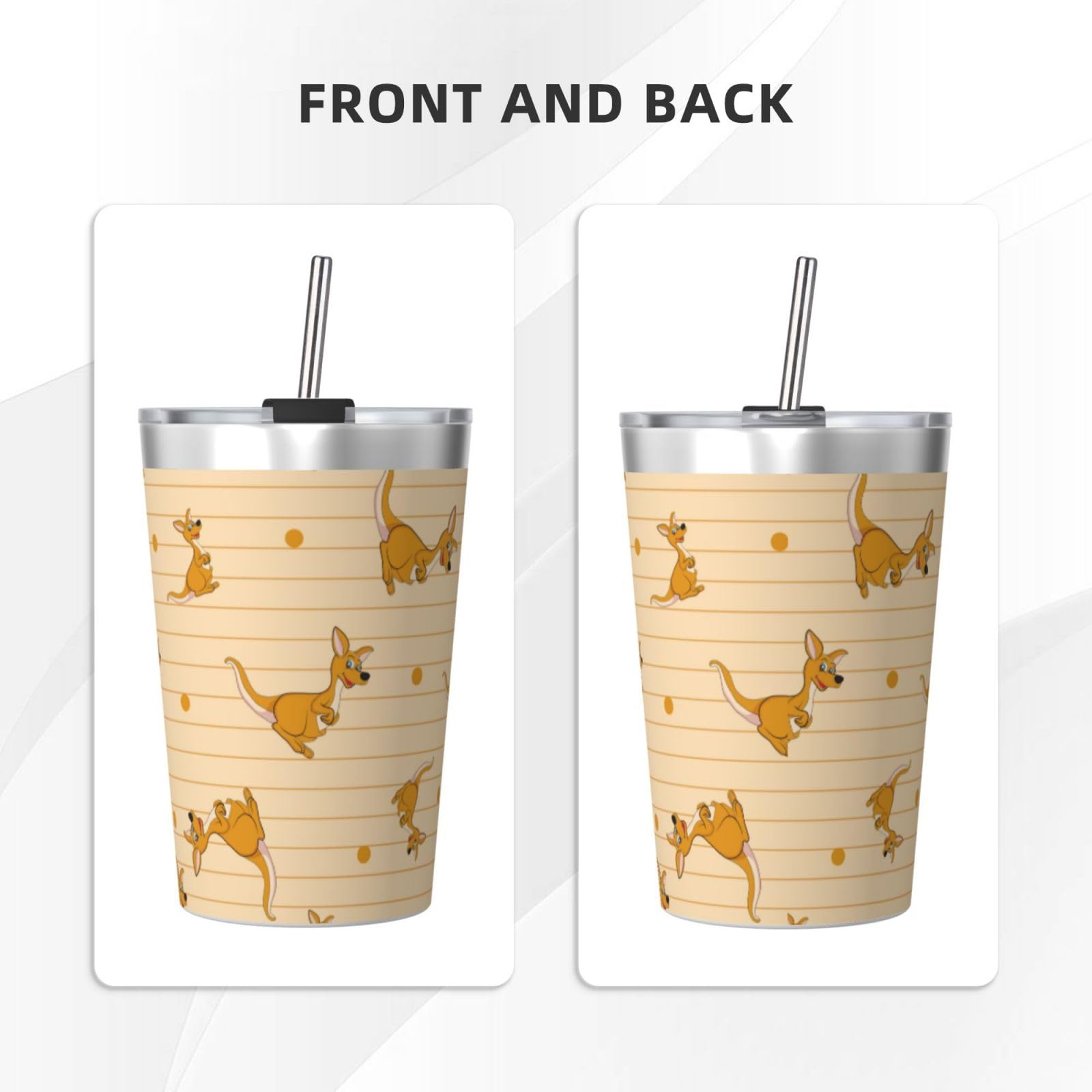 PAYOHTO Cartoon Kangaroo Insulated Stainless Steel Tumbler 12 oz Thermos Come with Straw Kids Leak-Proof Travel Mug Cup