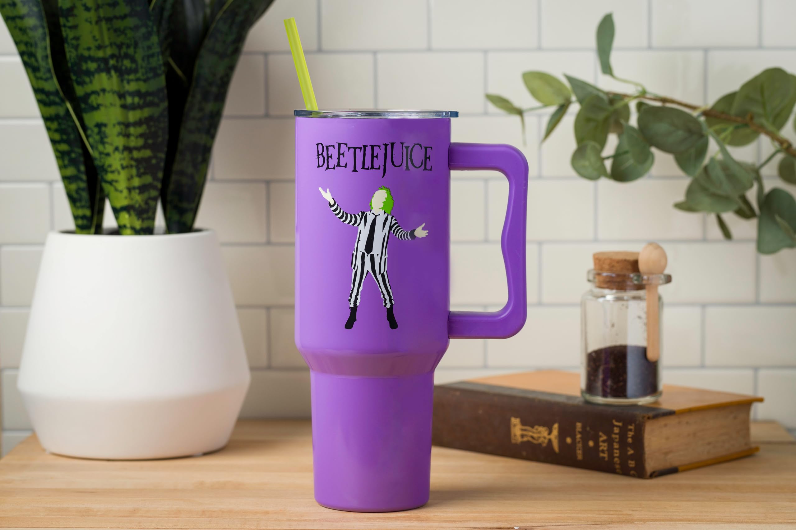 Silver Buffalo Tim Burton Beetlejuice Stainless Steel Tumbler with Handle and Straw, Fits in Standard Cup Holder, 40 Ounces