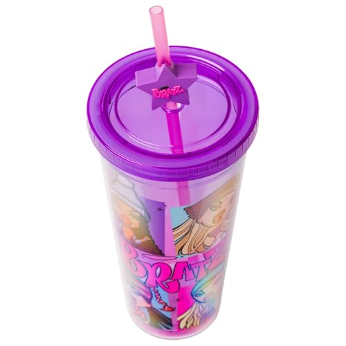 Silver Buffalo Bratz Dolls Featuring Cloe, Yasmin, Jade, and Sasha Pink and Purple Plastic Cold Cup with Lid and Straw Topper, 24 Ounces