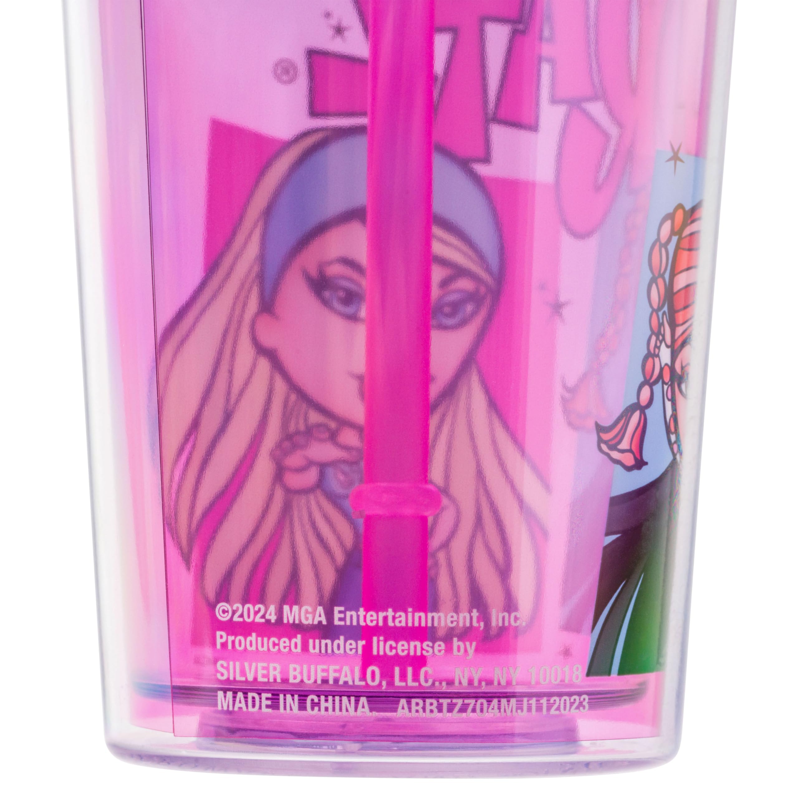 Silver Buffalo Bratz Dolls Featuring Cloe, Yasmin, Jade, and Sasha Pink and Purple Plastic Cold Cup with Lid and Straw Topper, 24 Ounces
