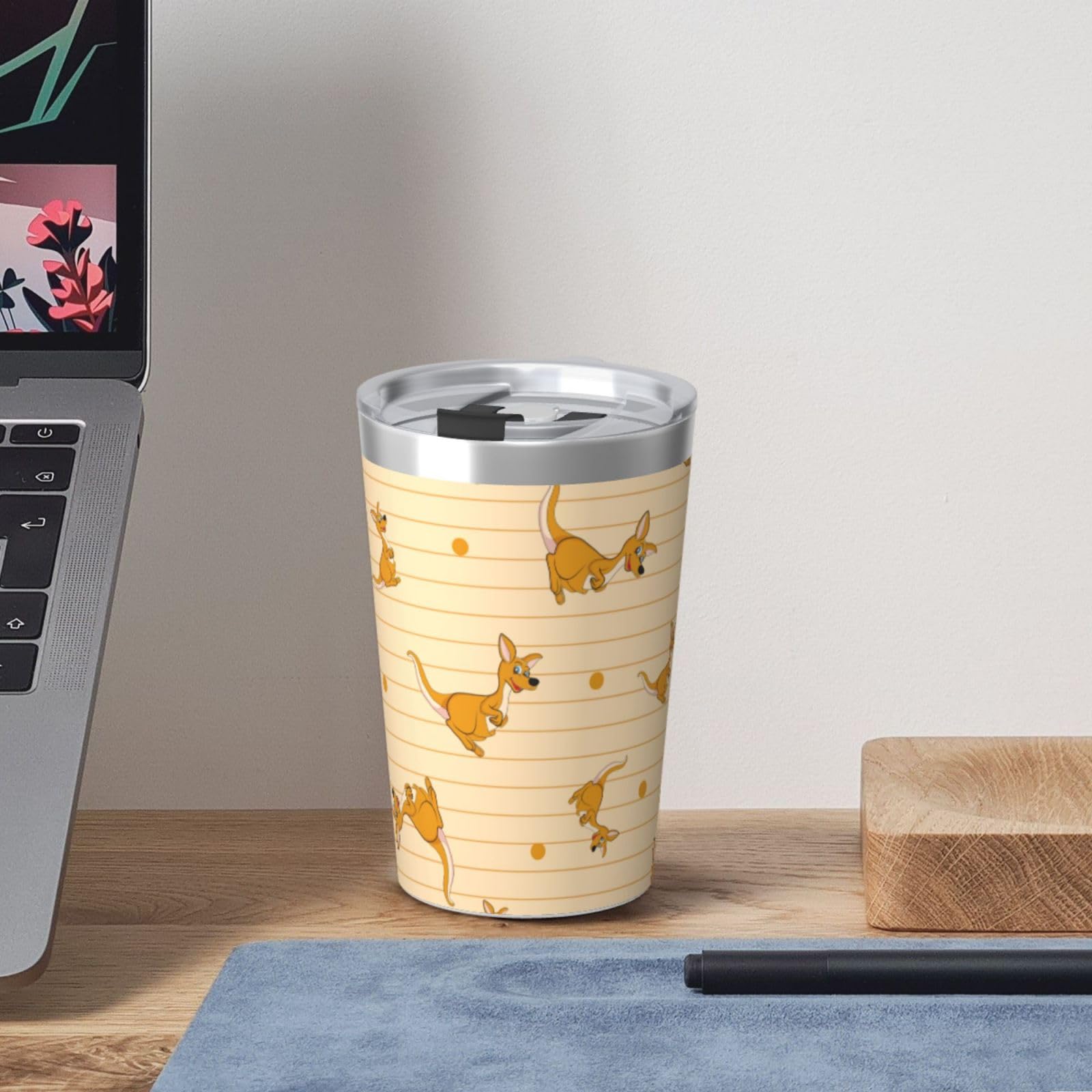 PAYOHTO Cartoon Kangaroo Insulated Stainless Steel Tumbler 12 oz Thermos Come with Straw Kids Leak-Proof Travel Mug Cup