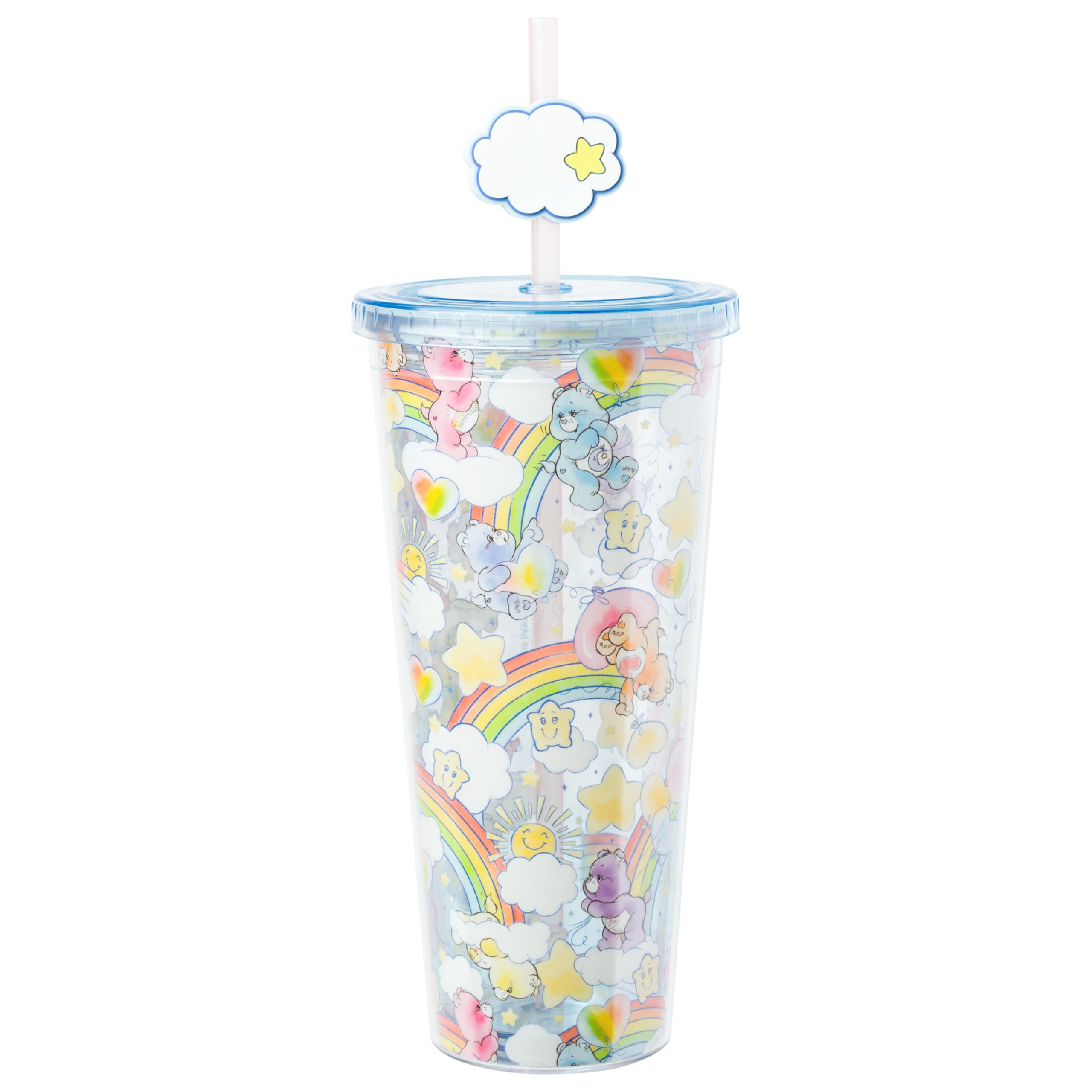 Silver Buffalo Care Bears Rainbow Hearts Stars Featuring Cheer Bear, Bedtime Bear, Funshine Bear, and Share Bear Watercolor Plastic Cold Cup with Lid and Straw Topper, 24 Ounces