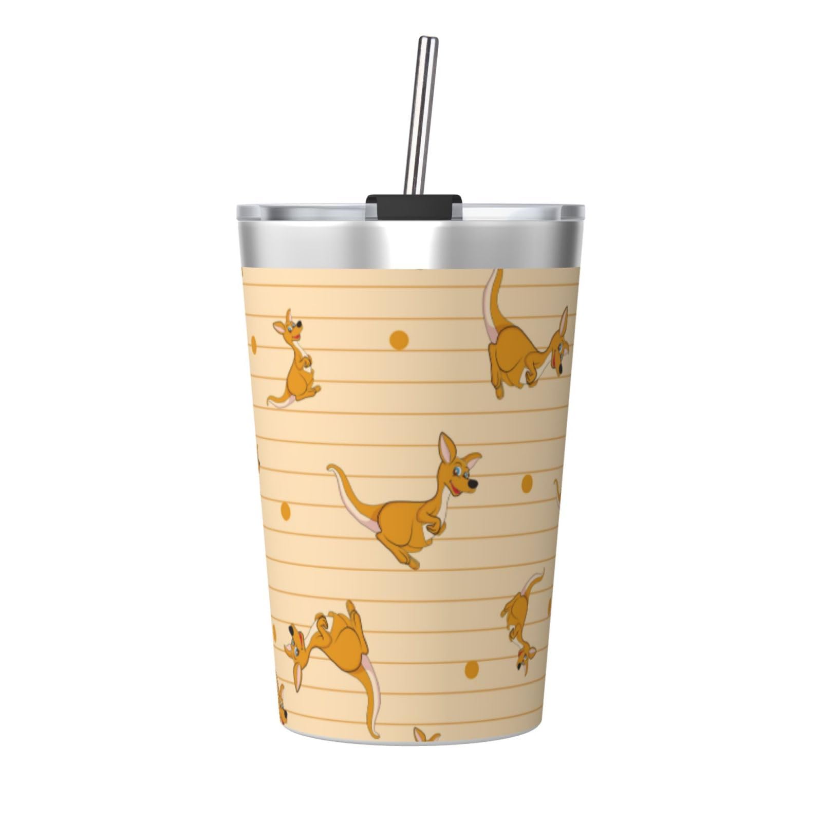 PAYOHTO Cartoon Kangaroo Insulated Stainless Steel Tumbler 12 oz Thermos Come with Straw Kids Leak-Proof Travel Mug Cup