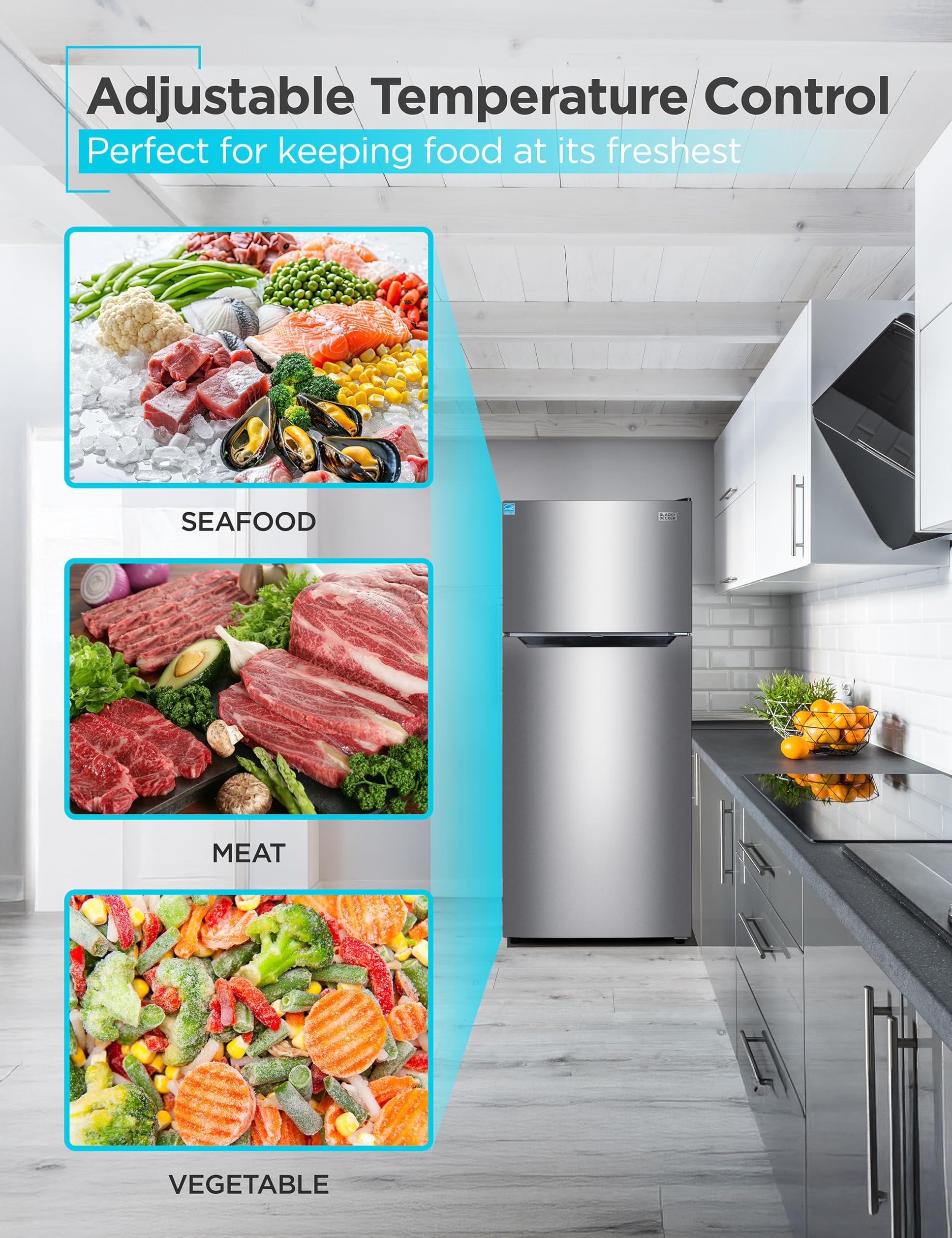 BLACK+DECKER 14.6 Cu. Ft. Top Mount Refrigerator with Freezer, 2 Door Refrigerator with Top Freezer and Adjustable Temperature Control, ENERGY STAR, BR1460HS, Stainless Steel Look