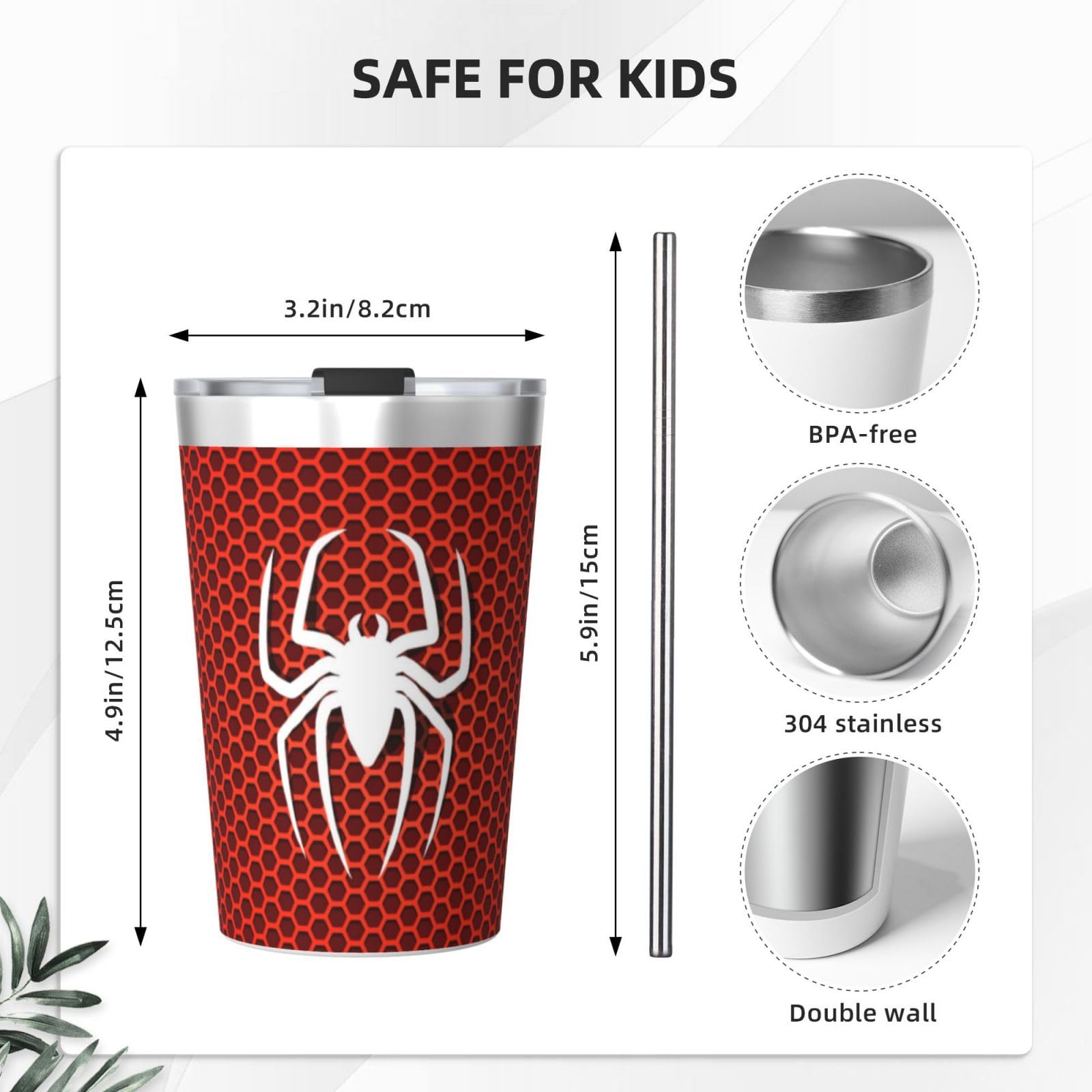 PAYOHTO Red Spider Skin Pattern Superhero Insulated Stainless Steel Tumbler 12 oz Thermos Come with Straw Kids Leak-Proof Travel Mug Cup