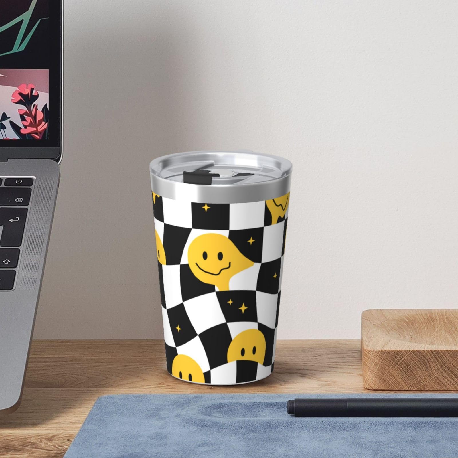 PAYOHTO Funny Melt Smile Faces Geometry Pattern Insulated Stainless Steel Tumbler 12 oz Thermos Come with Straw Kids Leak-Proof Travel Mug Cup