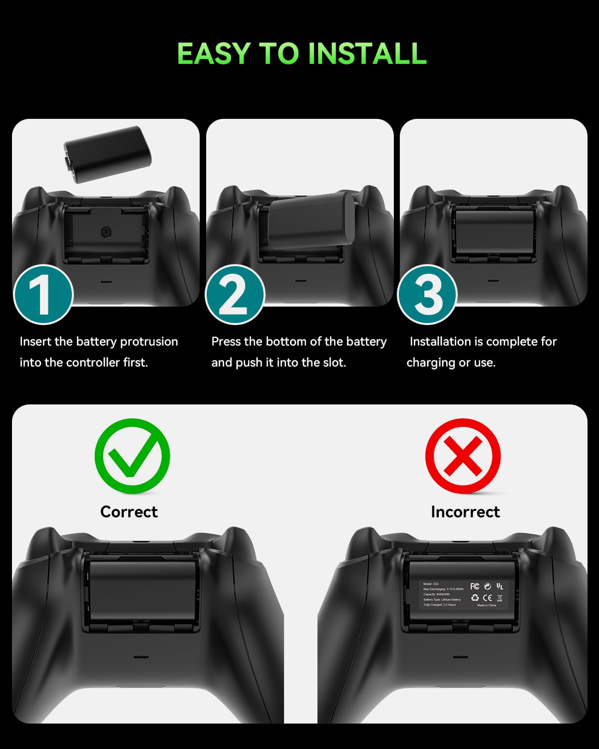 Rechargeable Battery Pack for X-box Series X|S/ One, 2 Pack 4440mWh 3.7V Battery Pack for X-box One/One S/One X/One Elite All X-box Controllers Supports Use While Charging (Includes 2 Batteries Only)