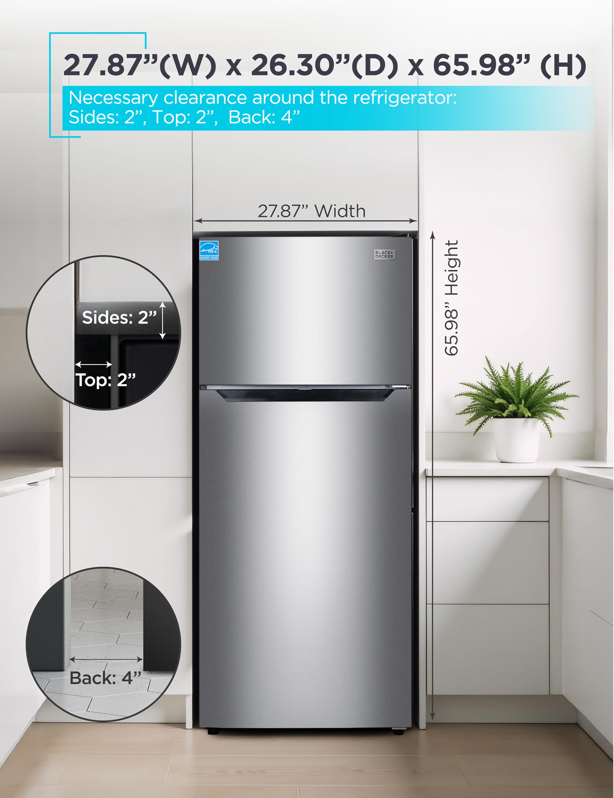 BLACK+DECKER 14.6 Cu. Ft. Top Mount Refrigerator with Freezer, 2 Door Refrigerator with Top Freezer and Adjustable Temperature Control, ENERGY STAR, BR1460HS, Stainless Steel Look