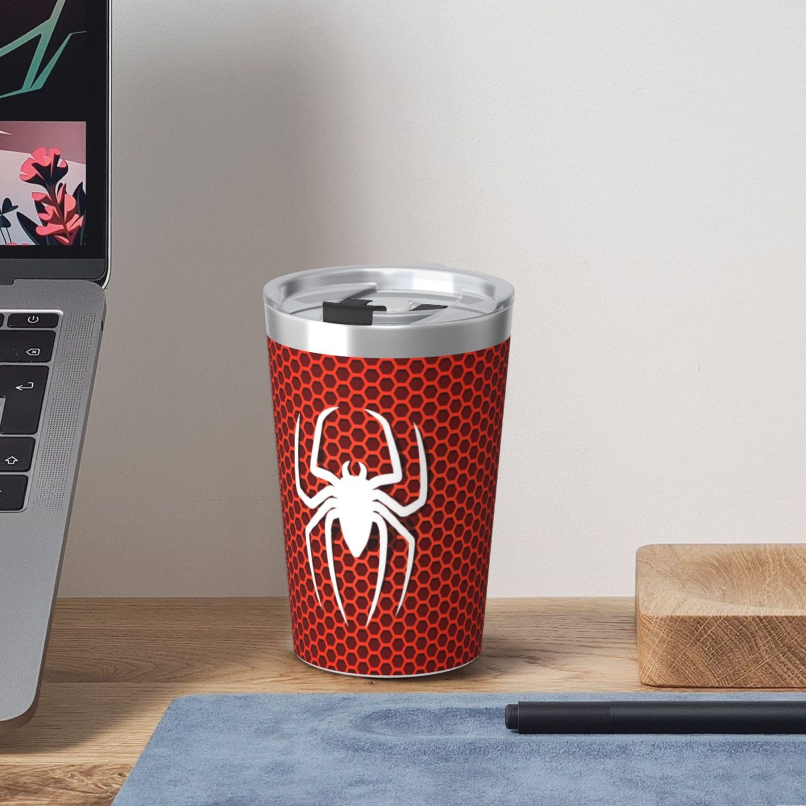 PAYOHTO Red Spider Skin Pattern Superhero Insulated Stainless Steel Tumbler 12 oz Thermos Come with Straw Kids Leak-Proof Travel Mug Cup