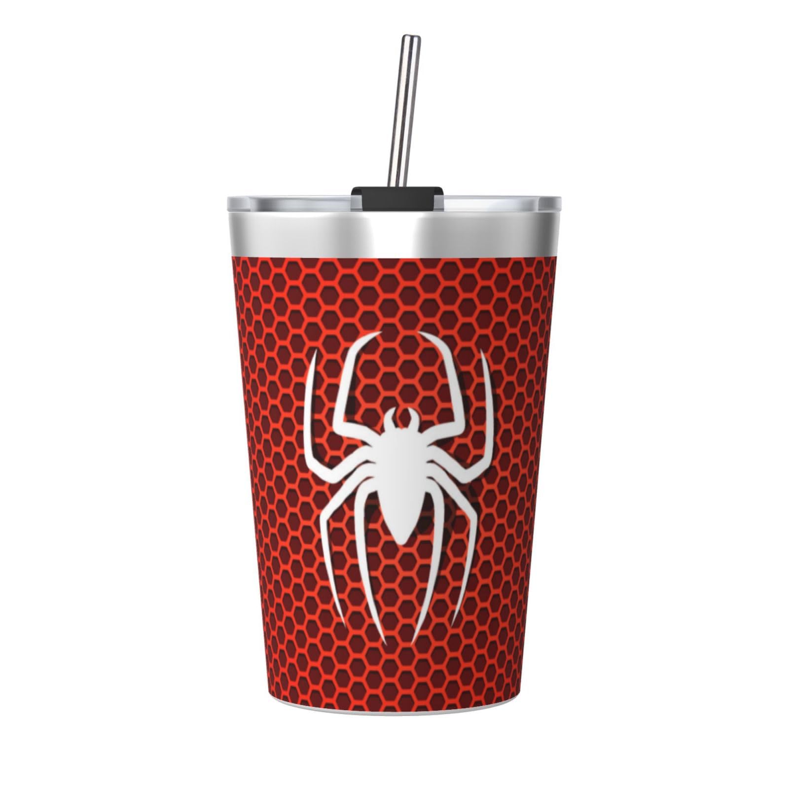 PAYOHTO Red Spider Skin Pattern Superhero Insulated Stainless Steel Tumbler 12 oz Thermos Come with Straw Kids Leak-Proof Travel Mug Cup