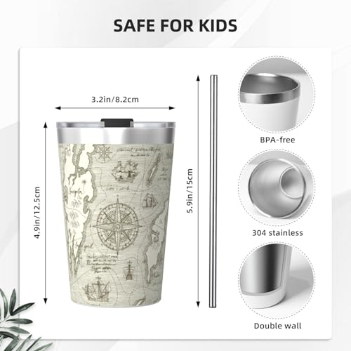 PAYOHTO Vintage Nautical Route Map Insulated Stainless Steel Tumbler 12 oz Thermos Come with Straw Kids Leak-Proof Travel Mug Cup