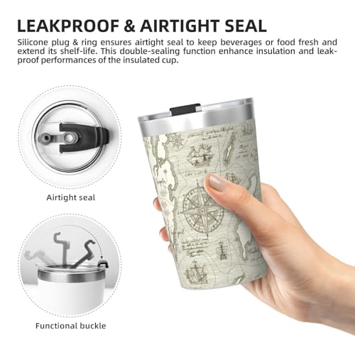 PAYOHTO Vintage Nautical Route Map Insulated Stainless Steel Tumbler 12 oz Thermos Come with Straw Kids Leak-Proof Travel Mug Cup