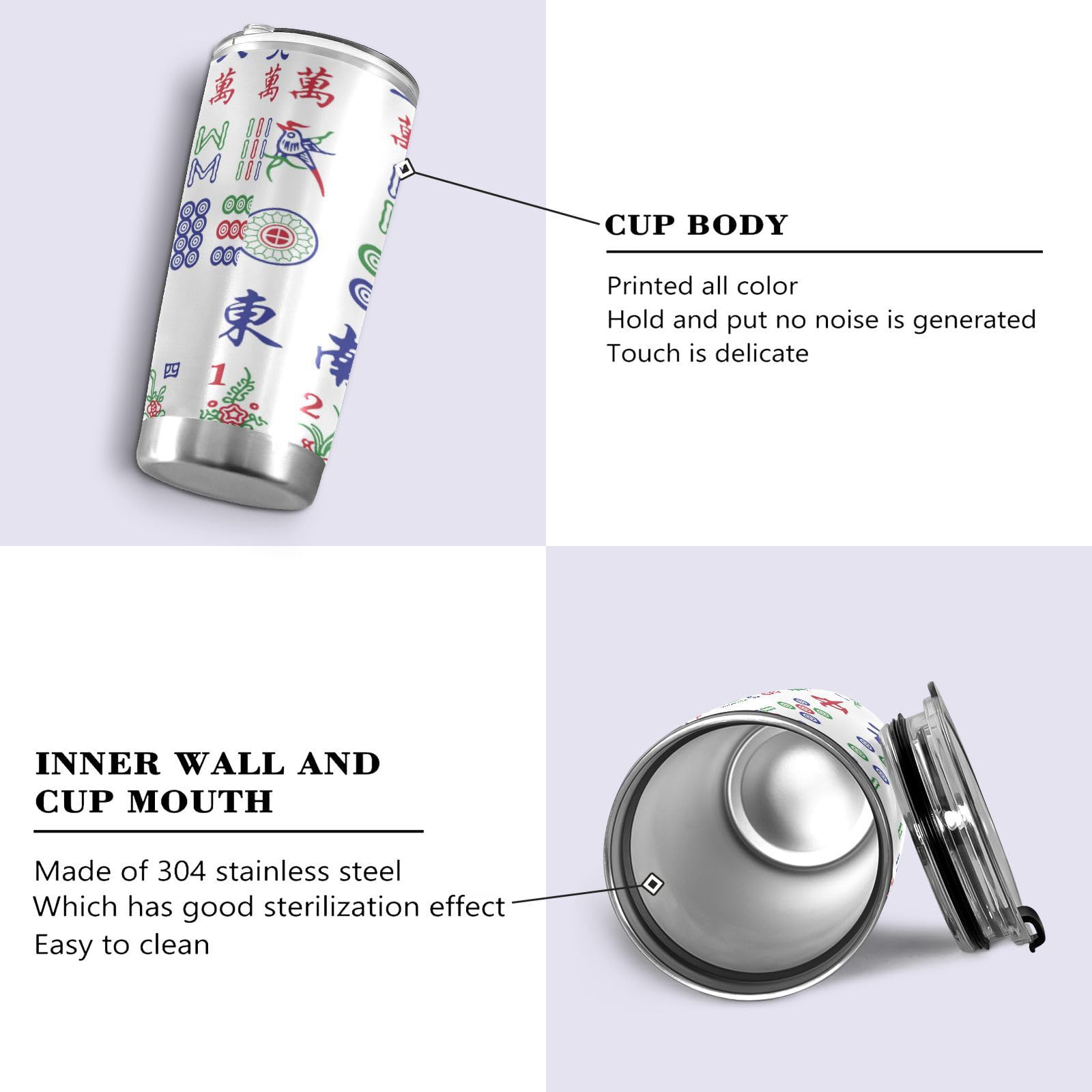Mahjong Game Tumbler Stainless Steel Insulated Cup Travel Mug for Coffee Double Wall Vacuum Thermos with Straw and Lid 20oz