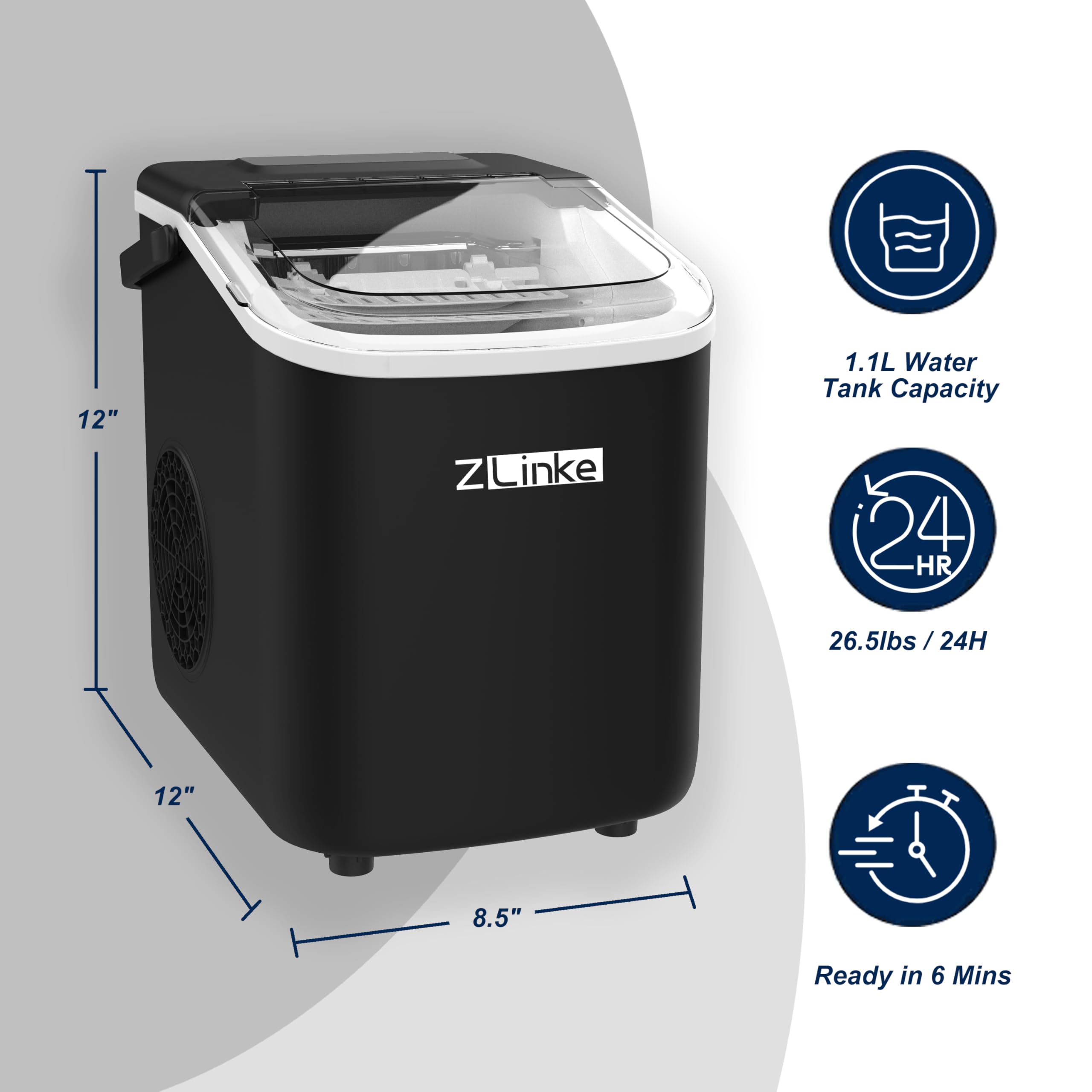 Countertop Ice Maker Machine - 6 Mins 9 Bullet Ice, 26.5lbs/24Hrs, Portable With Self-Cleaning, Scoop, and Basket (Black)