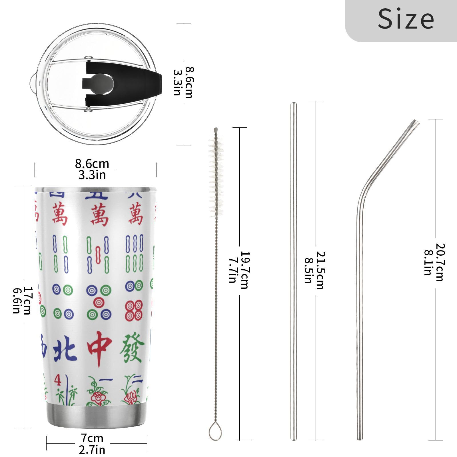 Mahjong Game Tumbler Stainless Steel Insulated Cup Travel Mug for Coffee Double Wall Vacuum Thermos with Straw and Lid 20oz