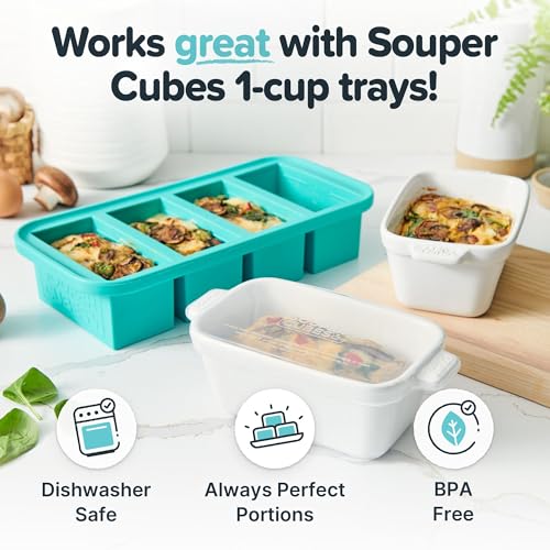 Souper Cubes Stoneware - Small Ceramic 5" x 3" Baking Dish with Silicone Covers, Small Baking Dishes for Oven Perfect for Reheating Single Serve Portions, Set of 4 - White
