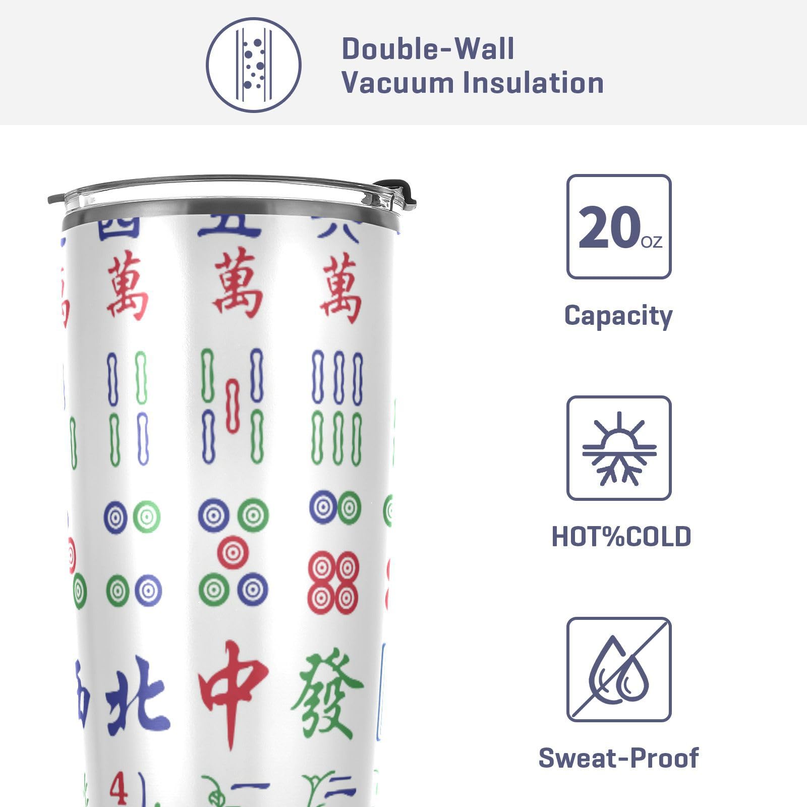 Mahjong Game Tumbler Stainless Steel Insulated Cup Travel Mug for Coffee Double Wall Vacuum Thermos with Straw and Lid 20oz