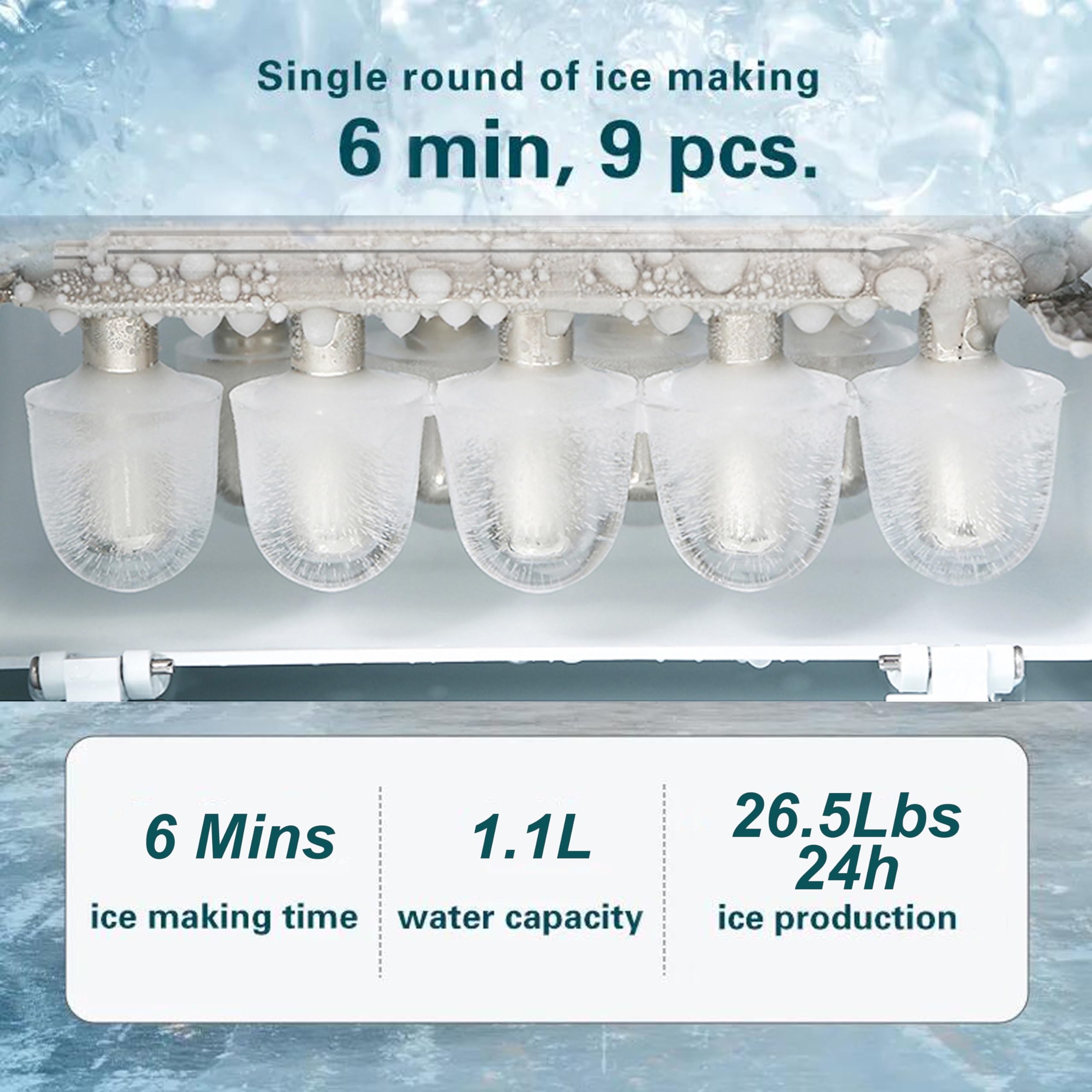 Countertop Ice Maker Machine - 6 Mins 9 Bullet Ice, 26.5lbs/24Hrs, Portable With Self-Cleaning, Scoop, and Basket (Black)