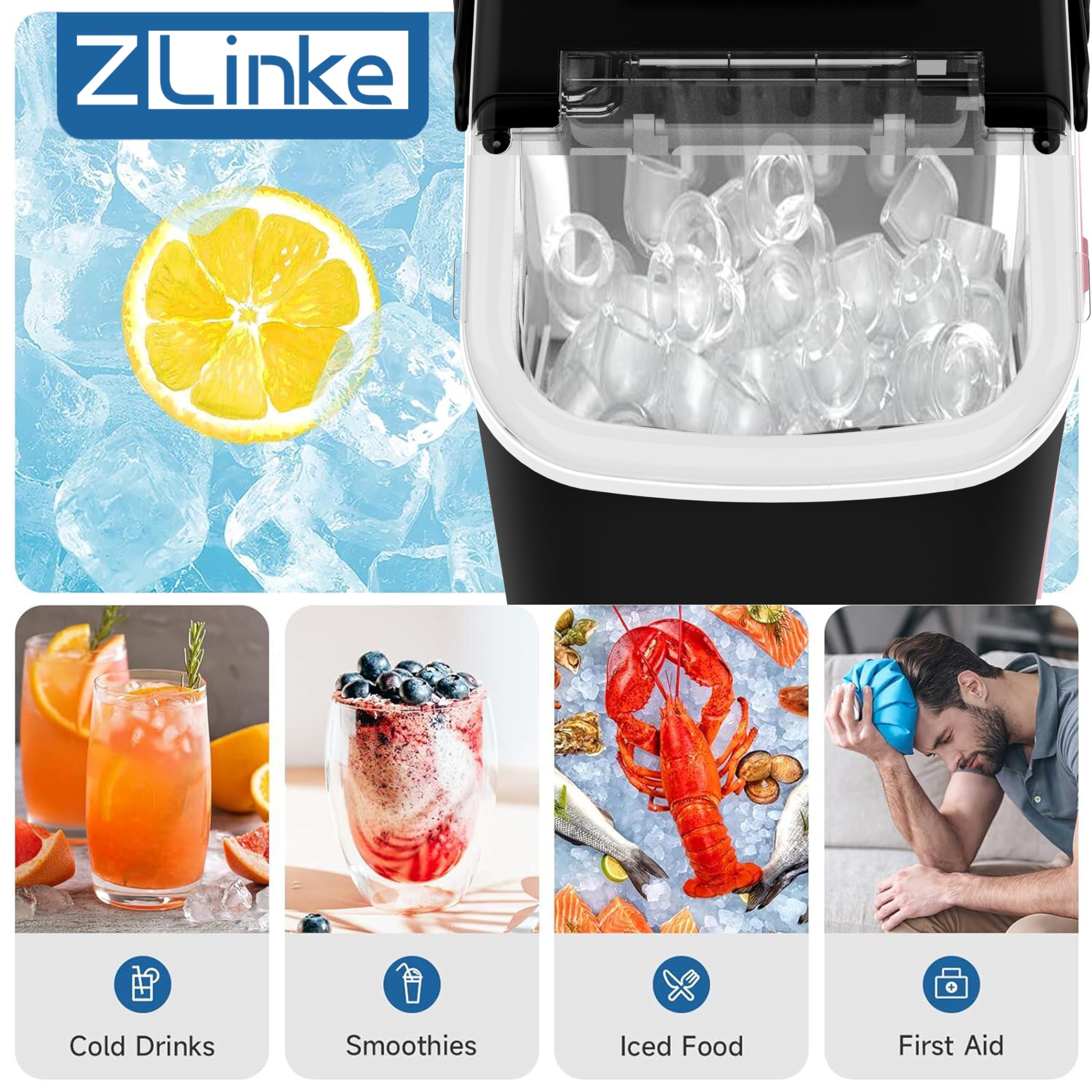 Countertop Ice Maker Machine - 6 Mins 9 Bullet Ice, 26.5lbs/24Hrs, Portable With Self-Cleaning, Scoop, and Basket (Black)