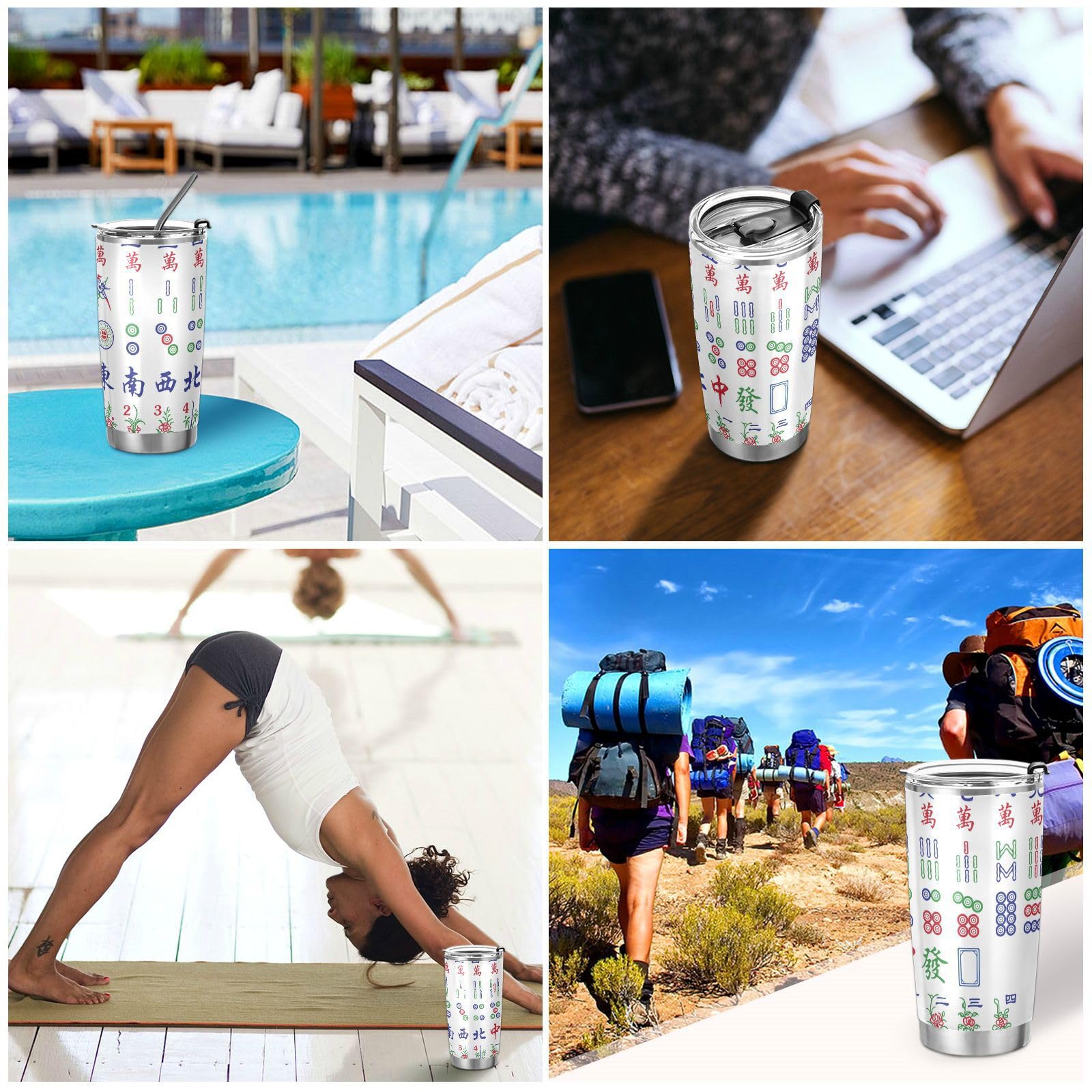 Mahjong Game Tumbler Stainless Steel Insulated Cup Travel Mug for Coffee Double Wall Vacuum Thermos with Straw and Lid 20oz
