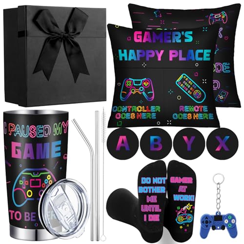 Pickmesh 12 Pcs Gamer Gifts Gaming Gifts for Men Father Him Video Box Include Pillow Cover Tumbler Socks Coaster Keychain for Boyfriend Husband Birthday