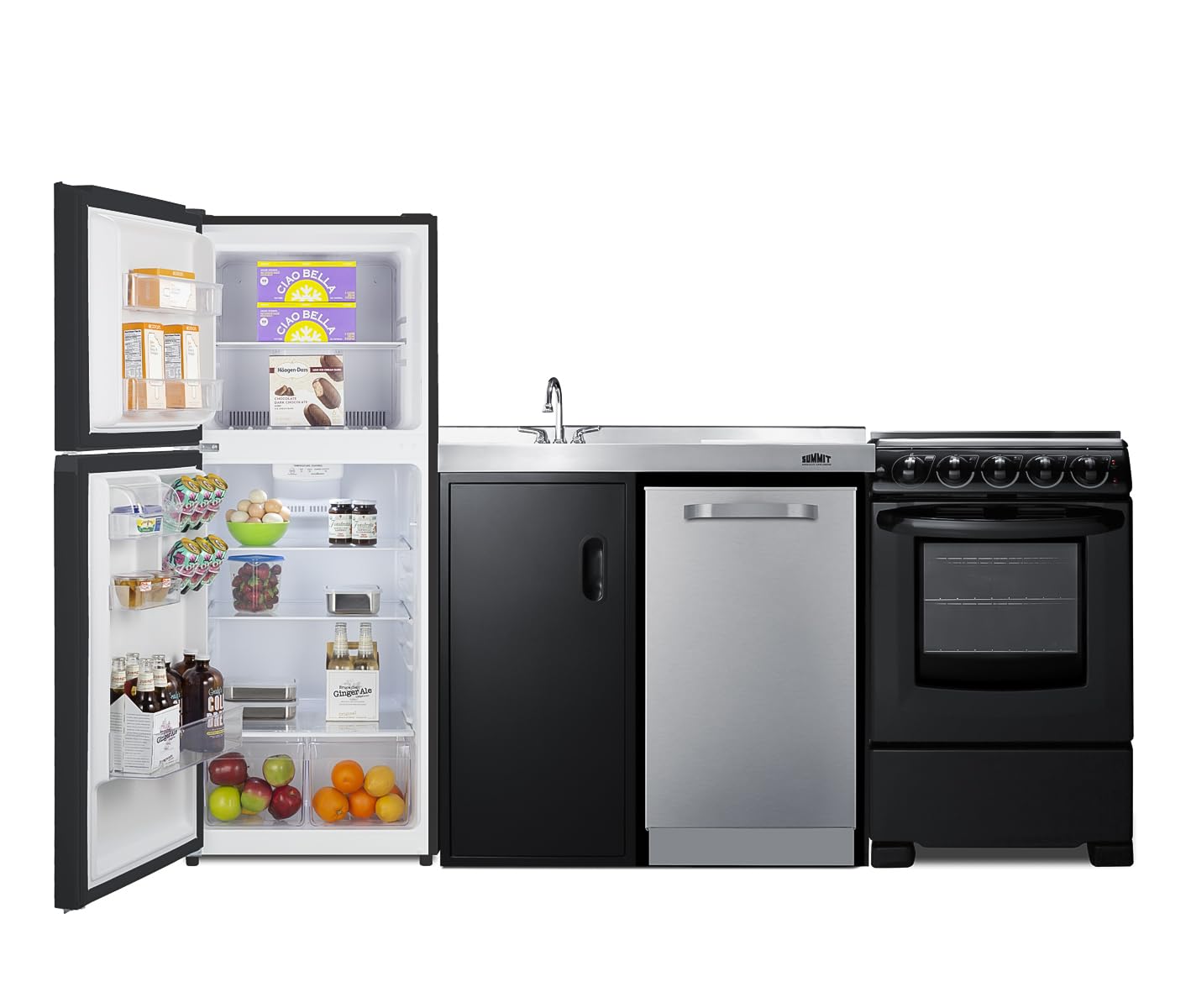 Summit Appliance ACK80HT 80" Wide All-in-One Kitchenette with Electric Range, Dishwasher, Refrigerator, Sink with Faucet, and Storage Cabinet