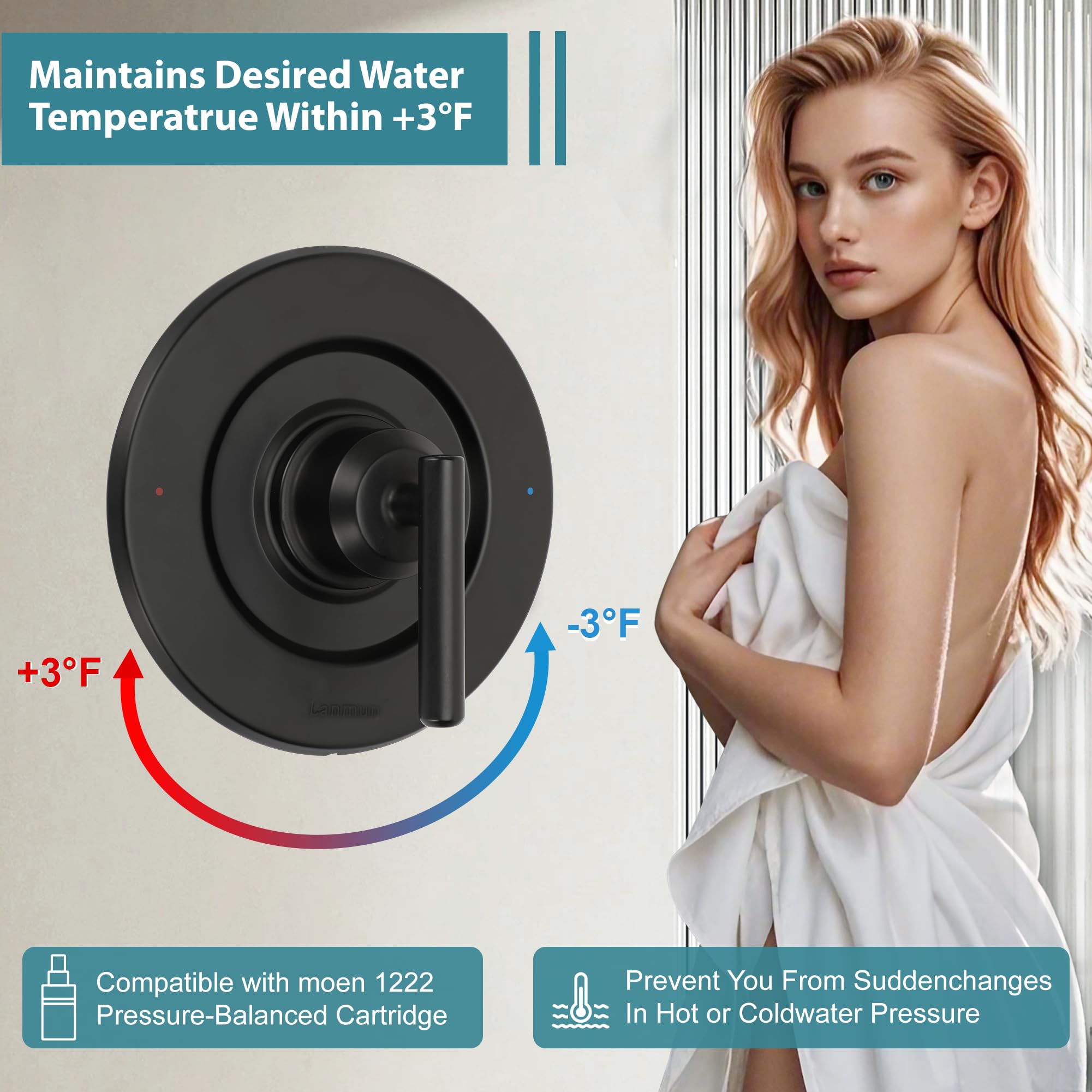 Matte Black Shower Handle Compatible with moen T2901BL Black Shower Trim Kit, Easy to Install, Round Matte Black Shower Handle Trim Kit Only, Requires 2510 valve