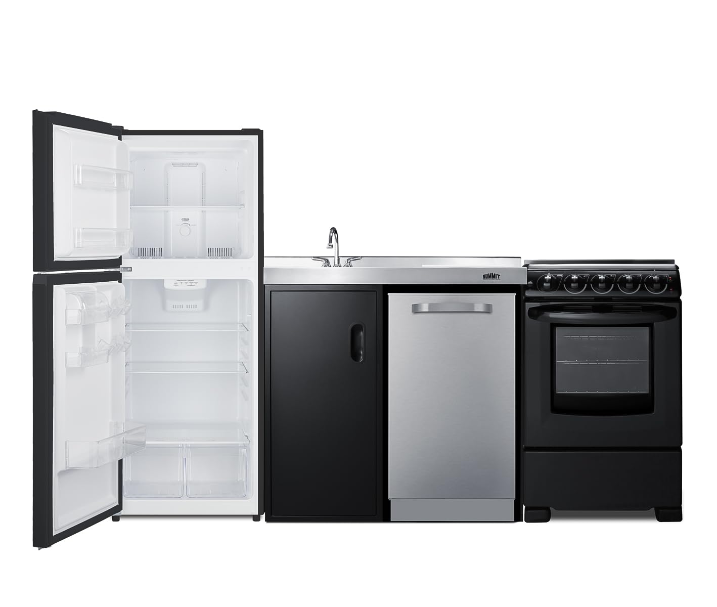 Summit Appliance ACK80HT 80" Wide All-in-One Kitchenette with Electric Range, Dishwasher, Refrigerator, Sink with Faucet, and Storage Cabinet