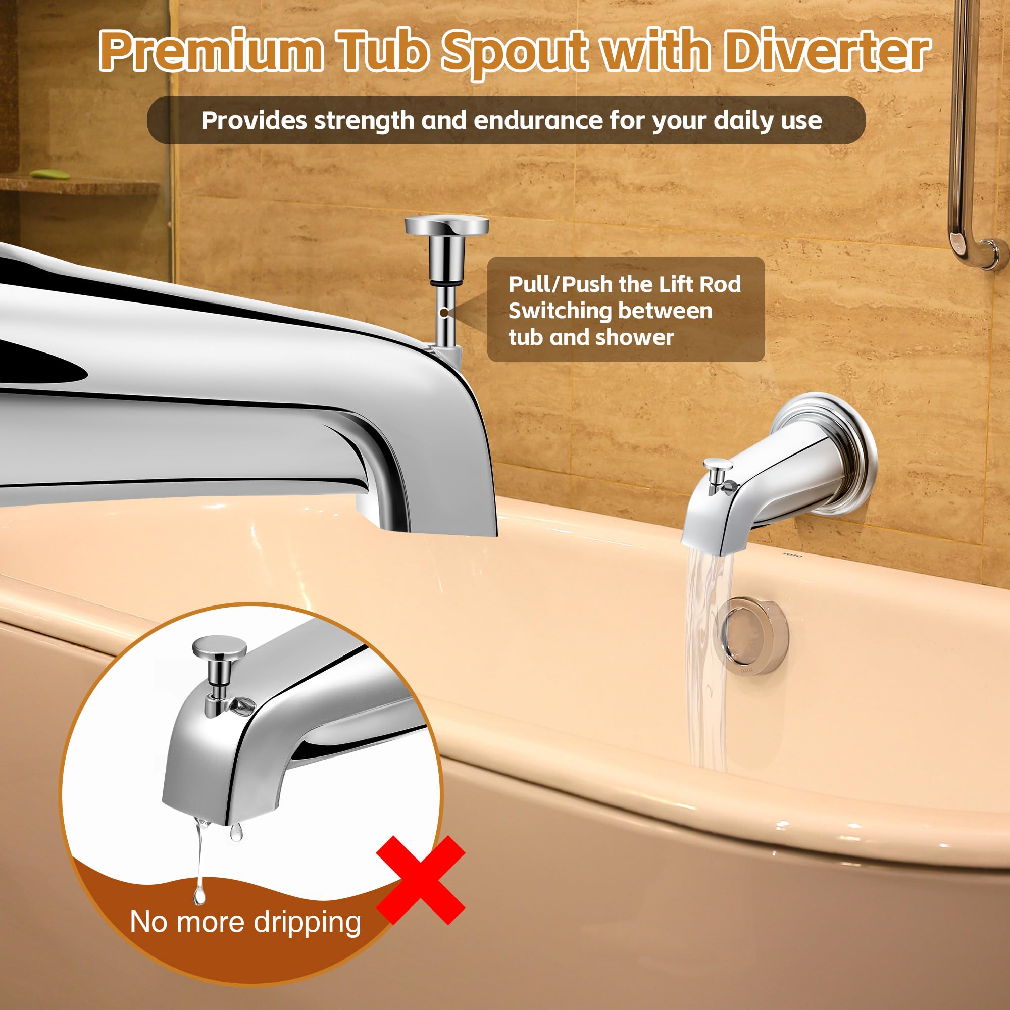 Dreyoo Diverter Tub Spout with Tub Spout Cover Ring, Universal Fits 1/2" Copper Pipe, 1/2" IPS and 3/4" IPS, Bathroom Bathtub Faucet Replacement with Foam Gasket, Adapters and Hex Wrench (Chrome)