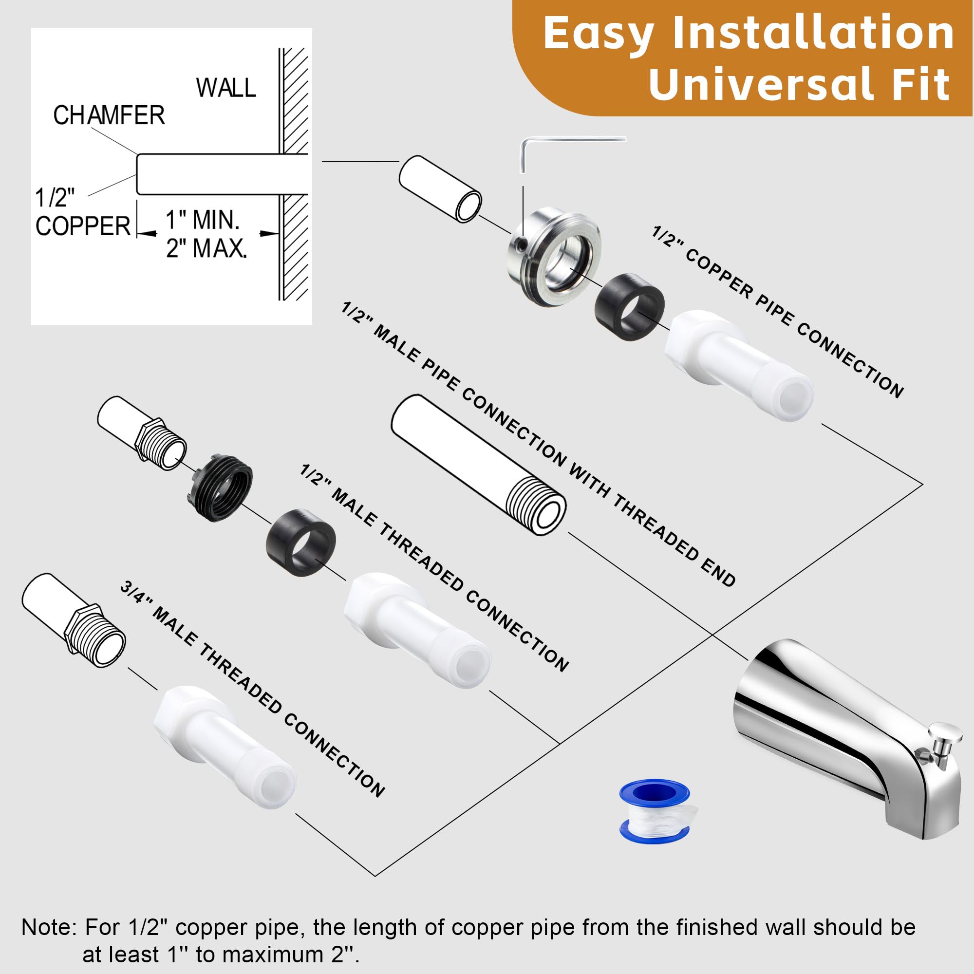 Dreyoo Diverter Tub Spout with Tub Spout Cover Ring, Universal Fits 1/2" Copper Pipe, 1/2" IPS and 3/4" IPS, Bathroom Bathtub Faucet Replacement with Foam Gasket, Adapters and Hex Wrench (Chrome)
