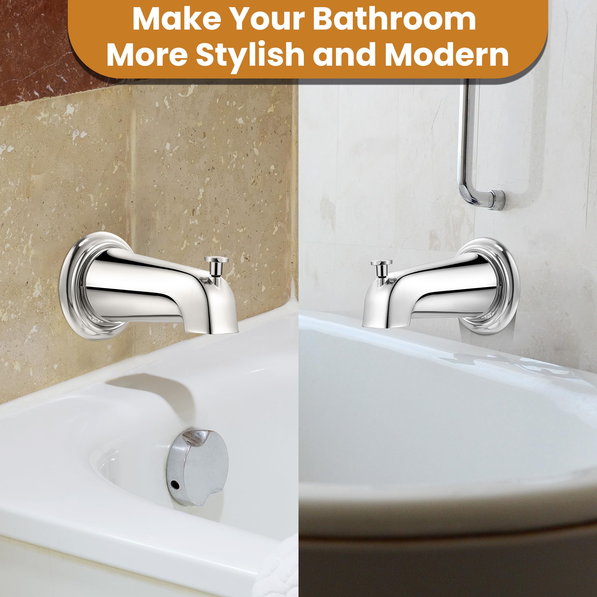 Dreyoo Diverter Tub Spout with Tub Spout Cover Ring, Universal Fits 1/2" Copper Pipe, 1/2" IPS and 3/4" IPS, Bathroom Bathtub Faucet Replacement with Foam Gasket, Adapters and Hex Wrench (Chrome)