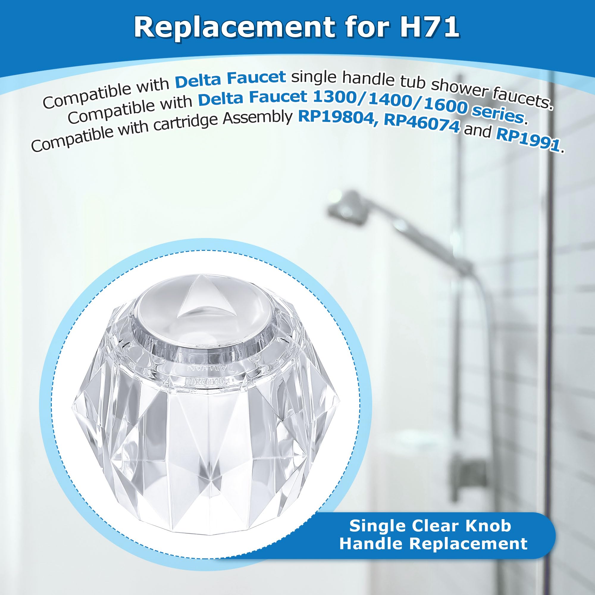 Dreyoo Shower Faucet Handle Replacement for H71, Shower Handle Compatible with Delta Faucet Single Handle Tub Faucets, Shower Knob with Button and Screw, Clear Acrylic