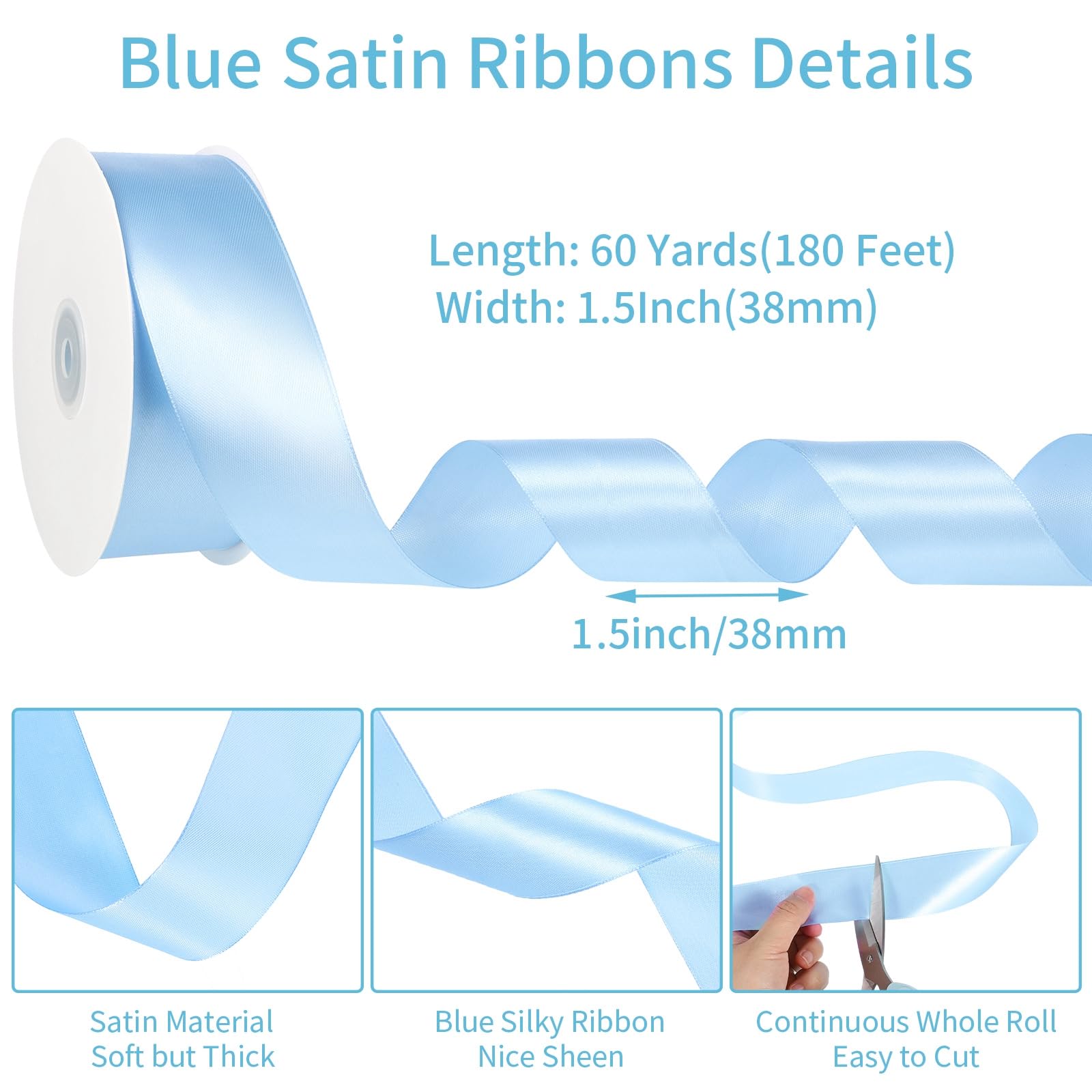 Blue Ribbon 60 Yards 1 1/2 Inch Light Blue Ribbon Baby Blue Satin Ribbon for Flower Bouquet Gift Wrapping Baby Shower Bows Craft Wedding Easter Graduation Decor