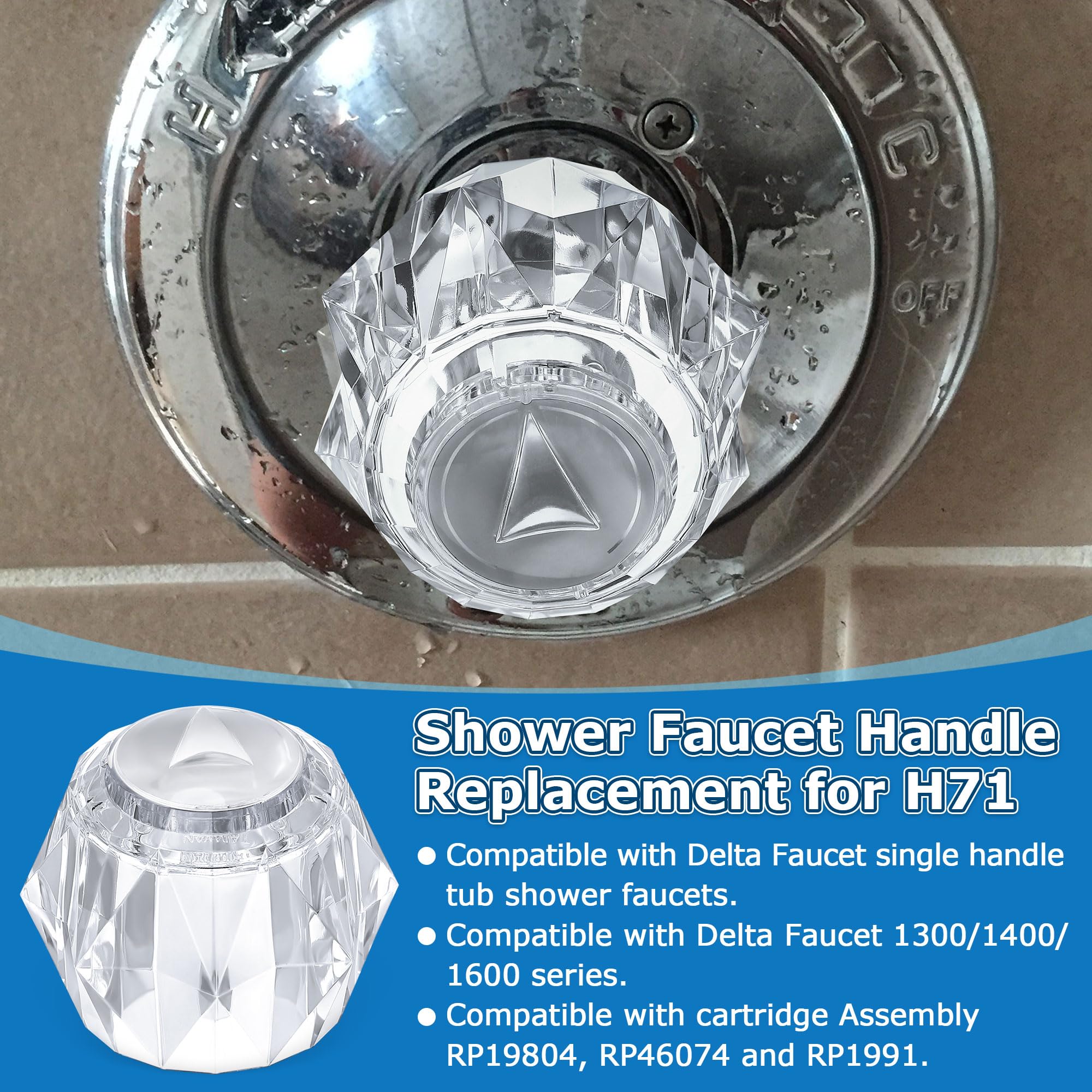 Dreyoo Shower Faucet Handle Replacement for H71, Shower Handle Compatible with Delta Faucet Single Handle Tub Faucets, Shower Knob with Button and Screw, Clear Acrylic
