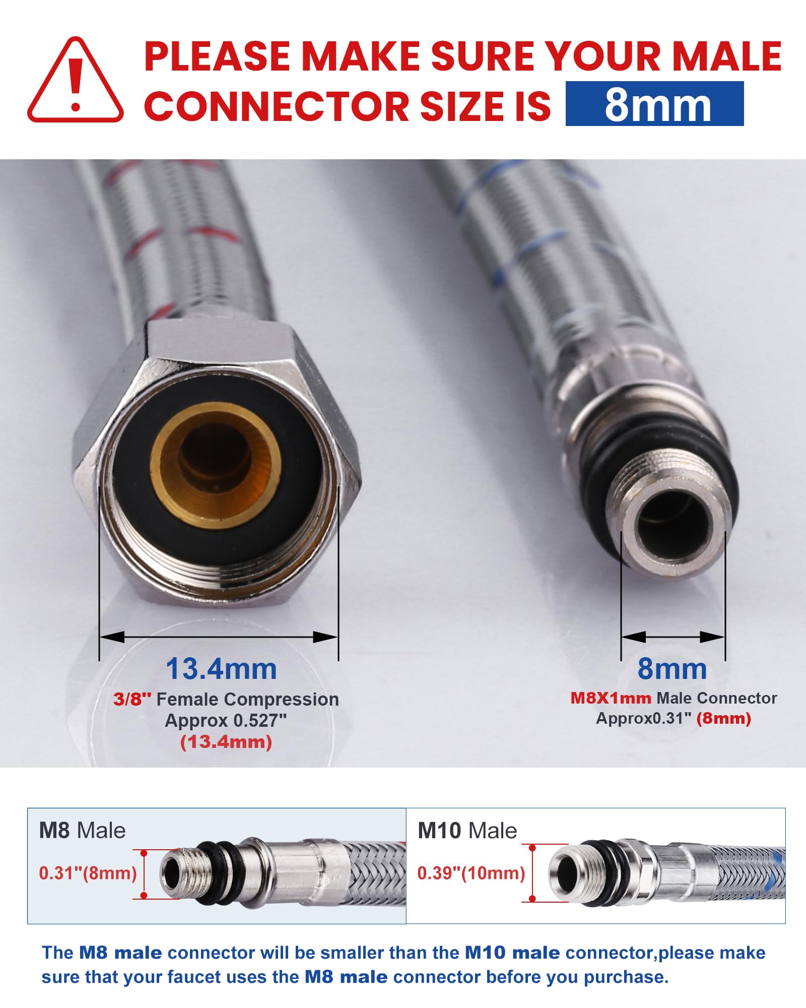 Faucet Supply Lines: WOWOW 40" Bathroom Sink Faucet Hose, Braided Nylon cUPC Supply Lines 3/8" Female Compression Thread × M8 Male Connector,Stainless Steel Braided Supply Line(1 Pair)
